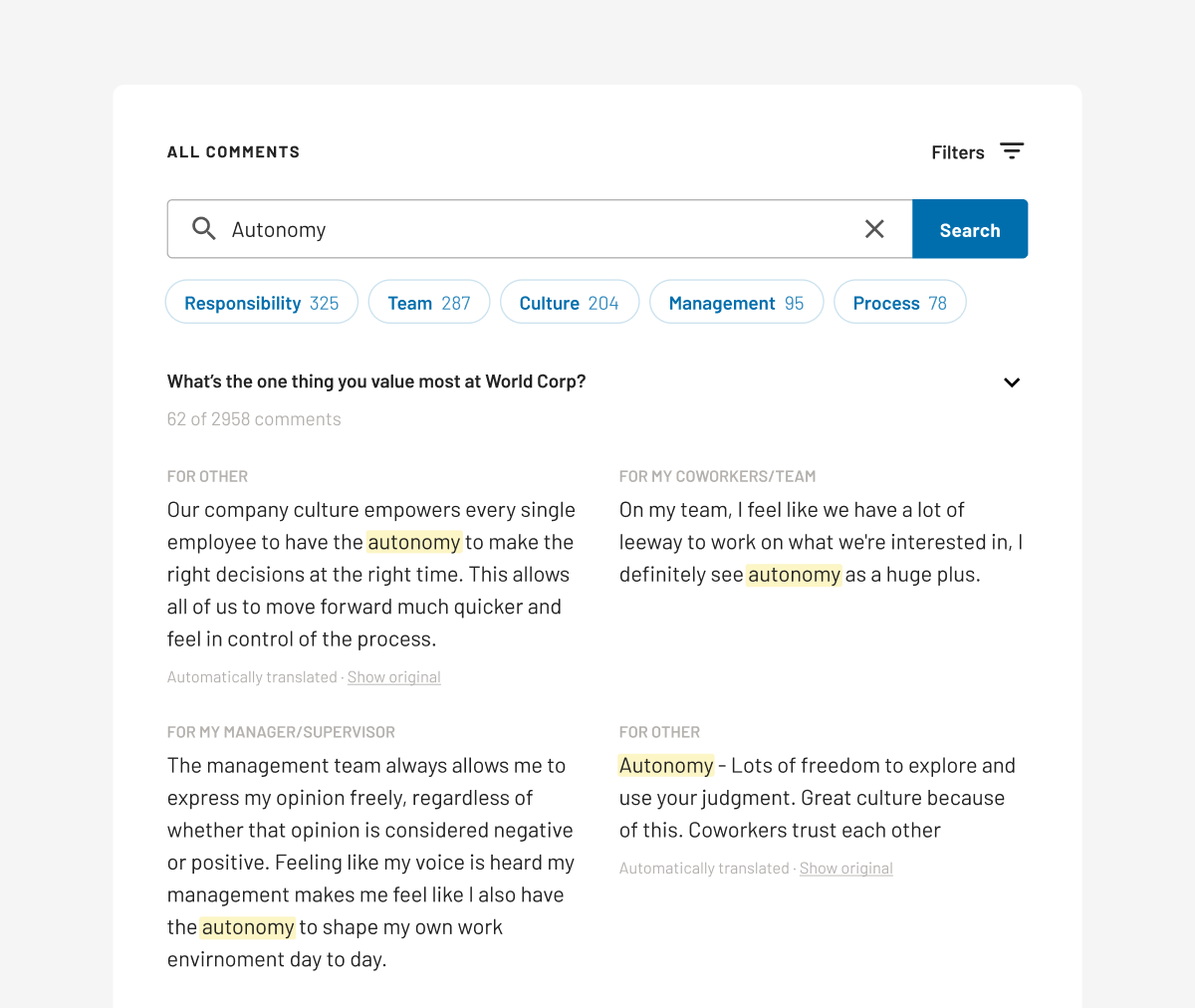 Comment analytics & search by Autumn Coyle for Humu on Dribbble