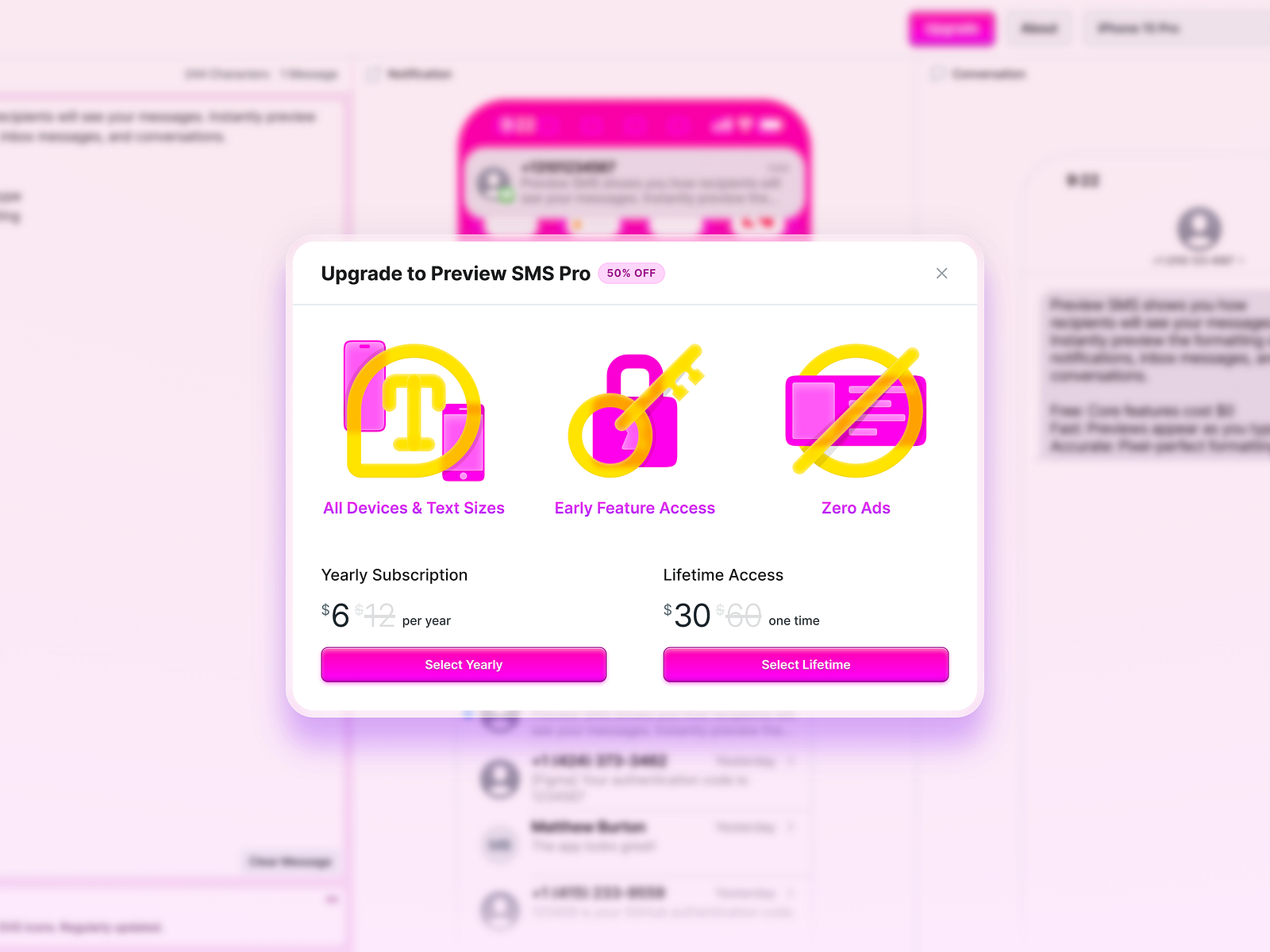 Preview SMS Upgrade Modal - Desktop by Max Burnside on Dribbble