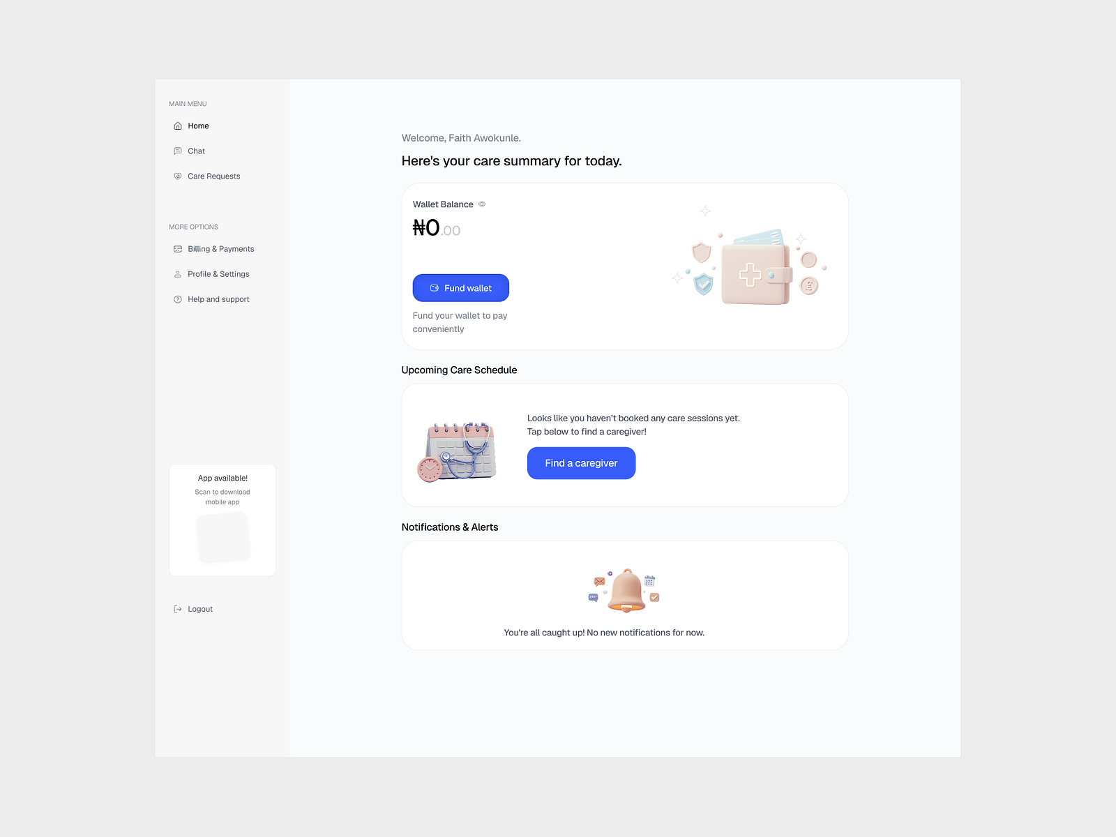 Caregiver Dashboard empty state by Faith Awokunle on Dribbble
