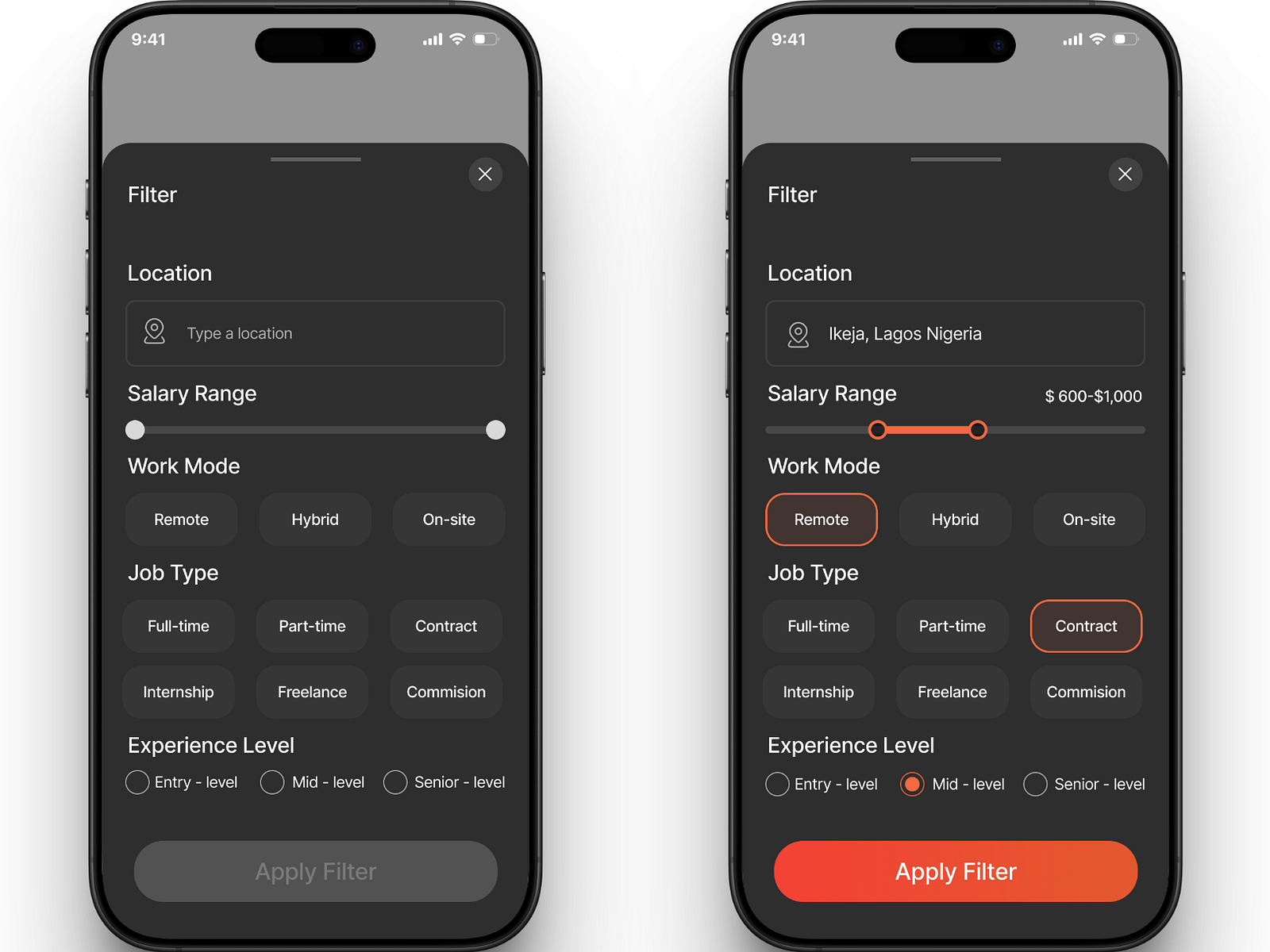 Job search filter page by Joy Alpha on Dribbble