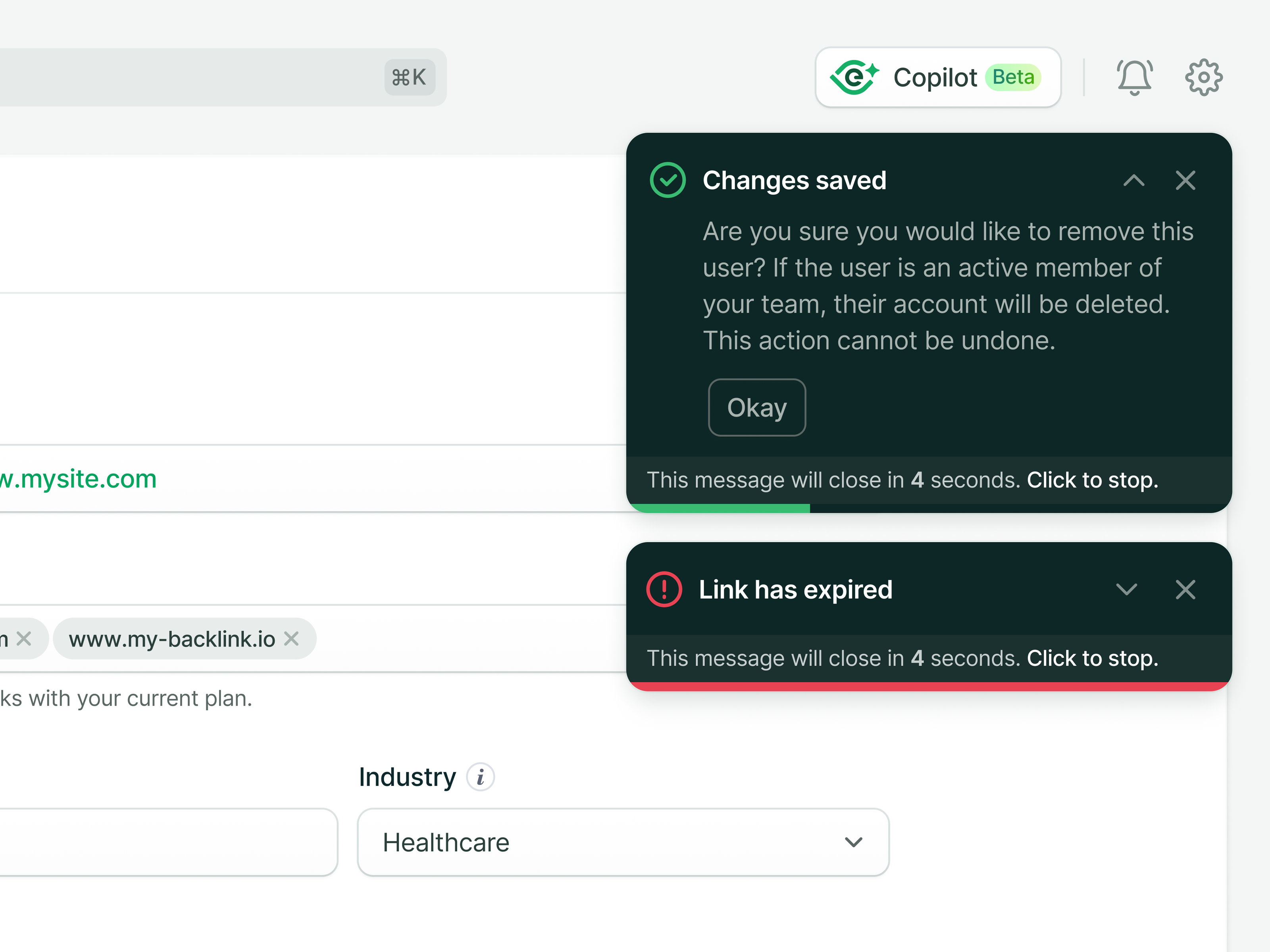 Expandable Notification Toast with timer for Saas App Dashboard by ...