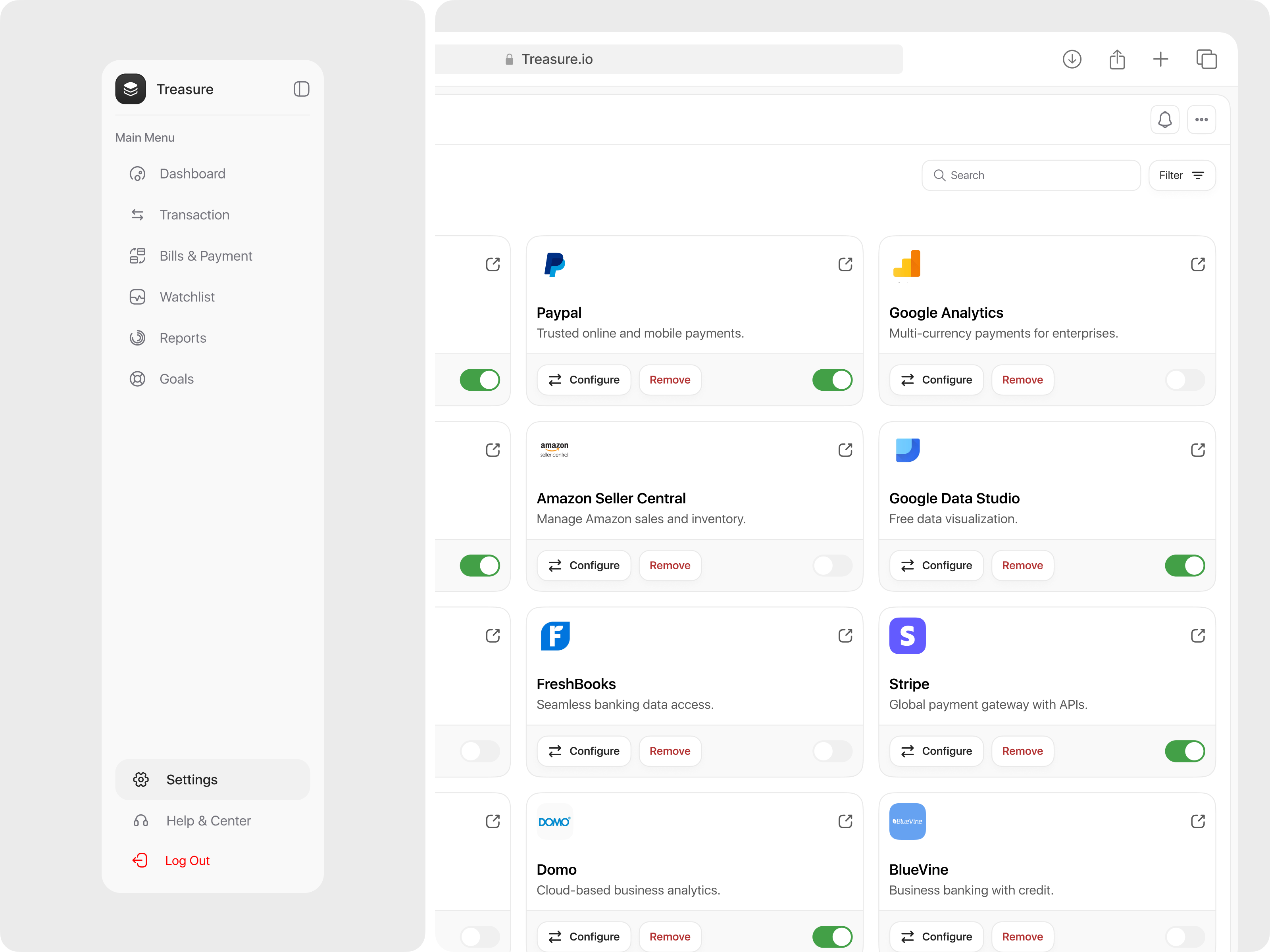 Treasure - Finance Dashboard [Settings - Integrations] by Vin Design ☘️ ...