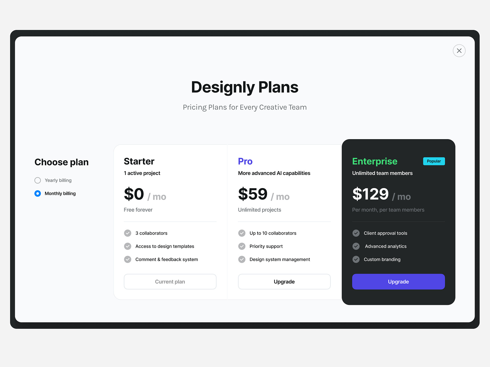 Designly – SaaS Pricing Plan UI by Muhammad Hamad on Dribbble