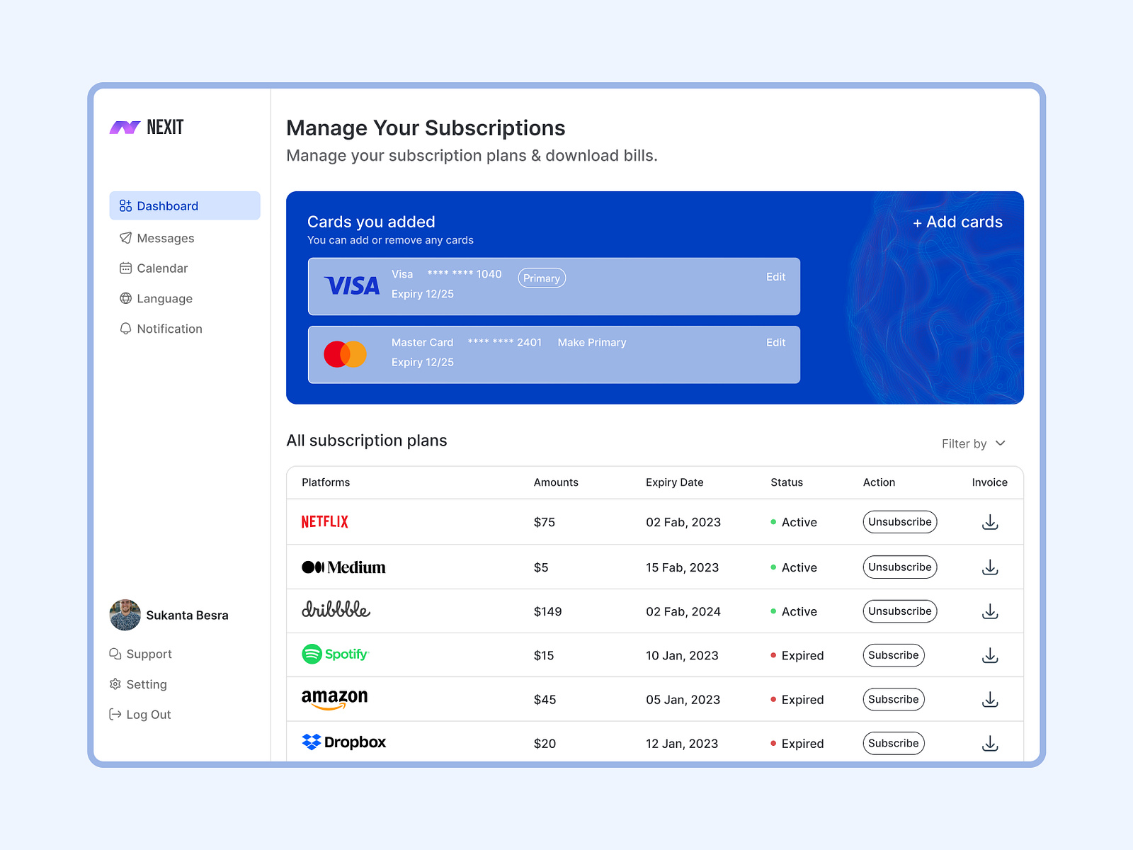Subscription Dashboard by Sukanta Besra on Dribbble