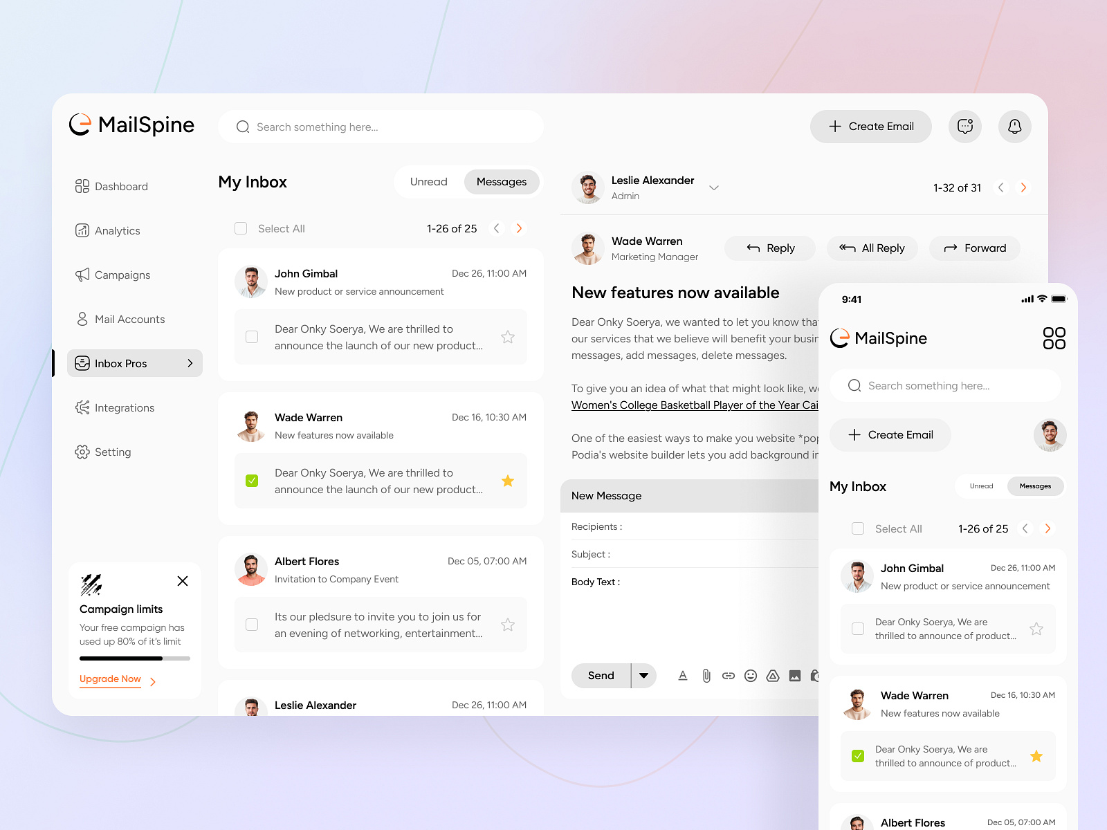 Inbox | Email Marketing Dashboard by SpineEdge for SpineEdge Studio on ...