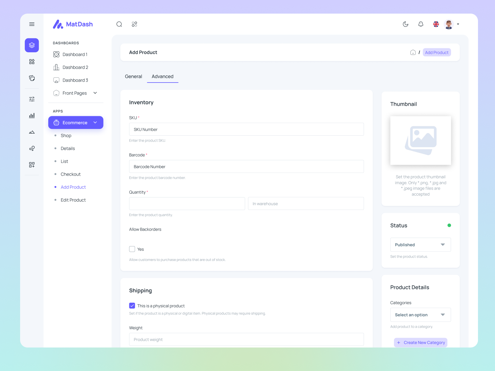 MatDash Product Page UI – Add & Edit by AdminMart on Dribbble