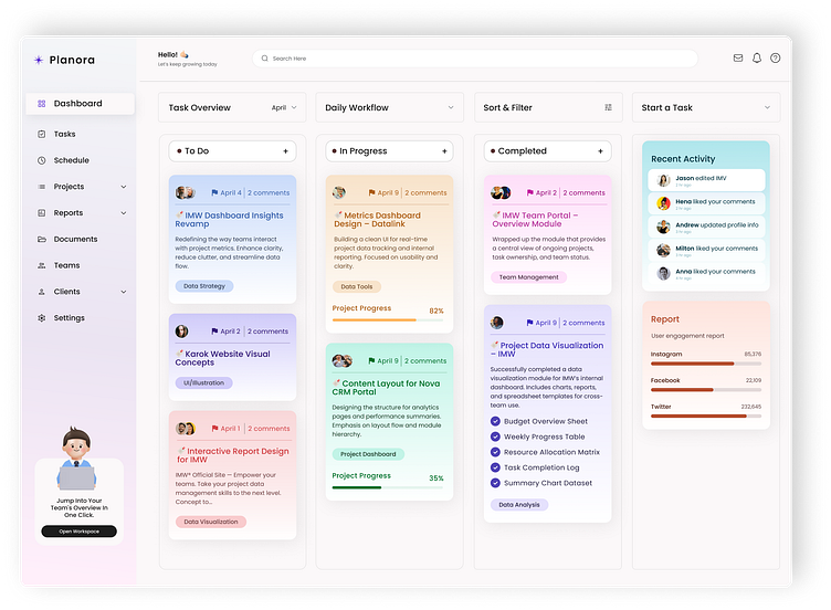 Planora – Minimal Task Management Dashboard UI by Wakia Tun Nur Nisha on Dribbble