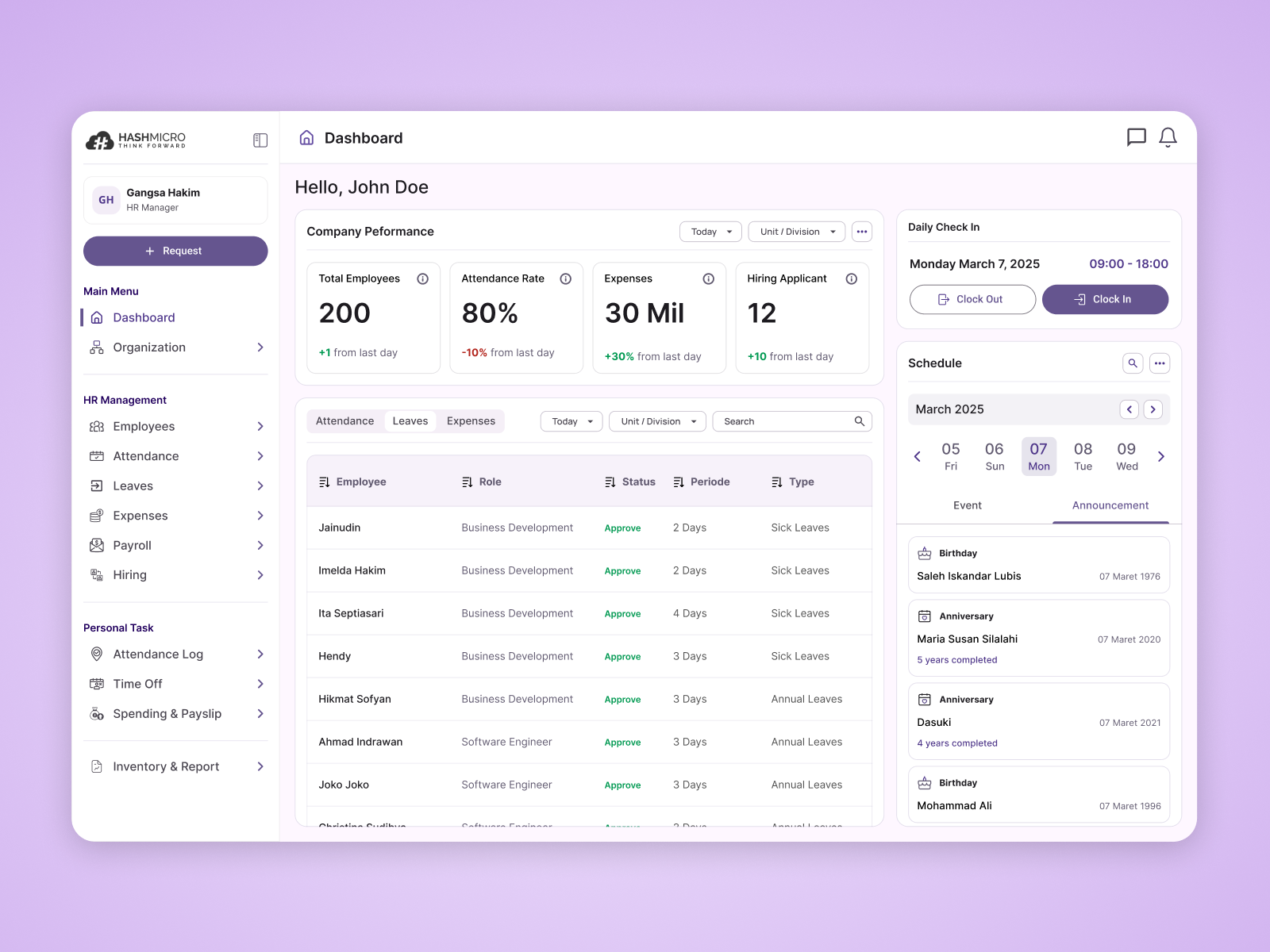HR Dashboard UI Design — ERP Software for Workforce Management by Bayu ...