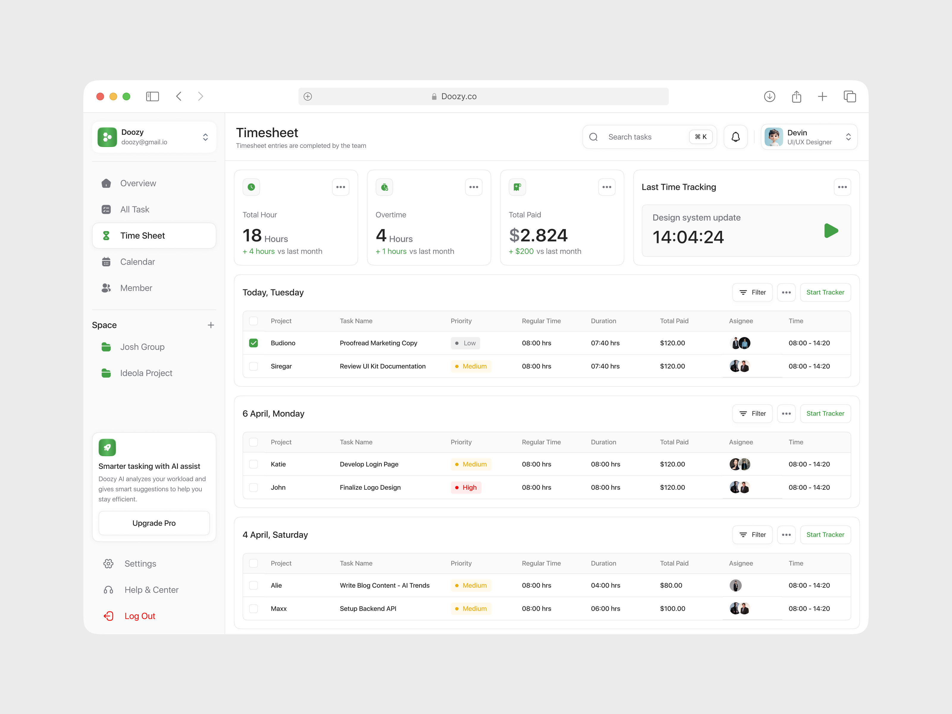 Doozy - Task Management Dashboard [Timesheet Page] by Vin Design ☘️ for ...