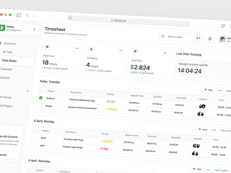 Doozy - Task Management Dashboard [Timesheet Page] by Vin Design ☘️ for ...