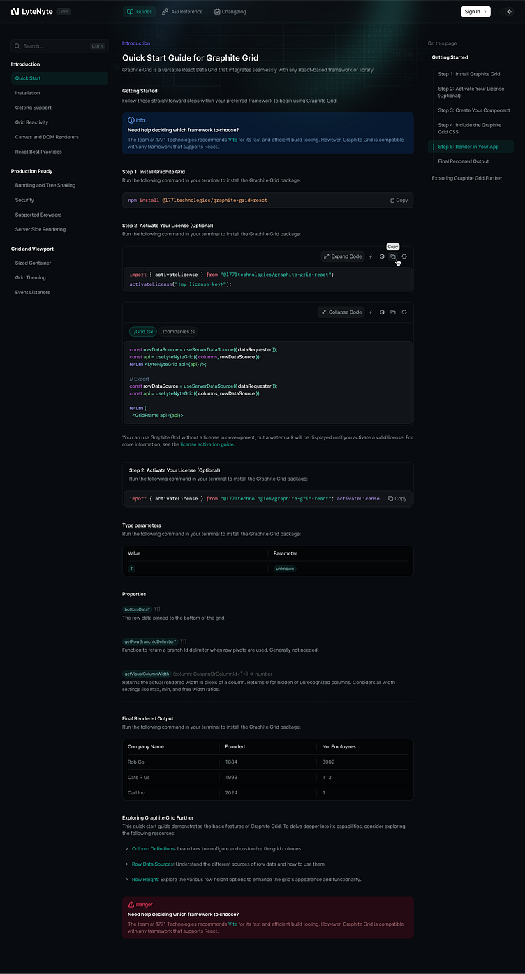 LyteNyte Grid Documentation Page by Virgil Pana on Dribbble