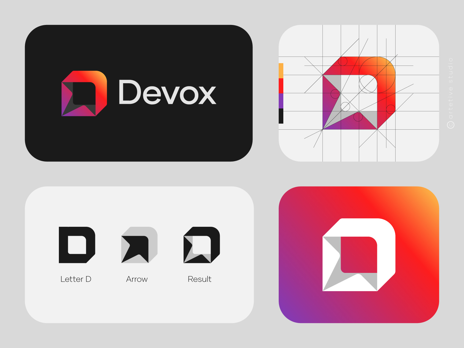 Devox - Letter D + Arrow + 3d box logo by Artetive Studio on Dribbble