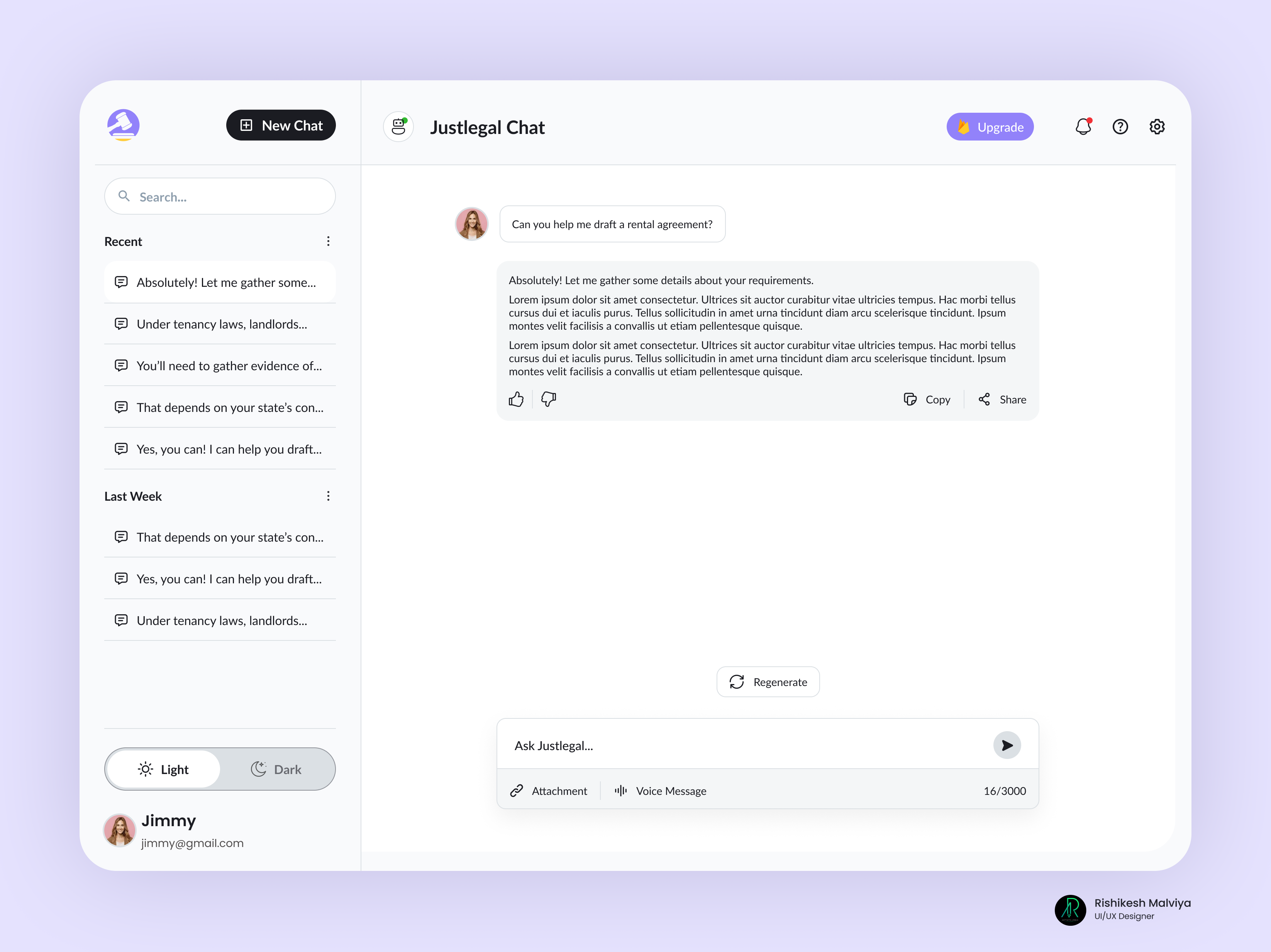 Legal Chat UI – Light & Dark Mode by Rishikesh Malviya on Dribbble