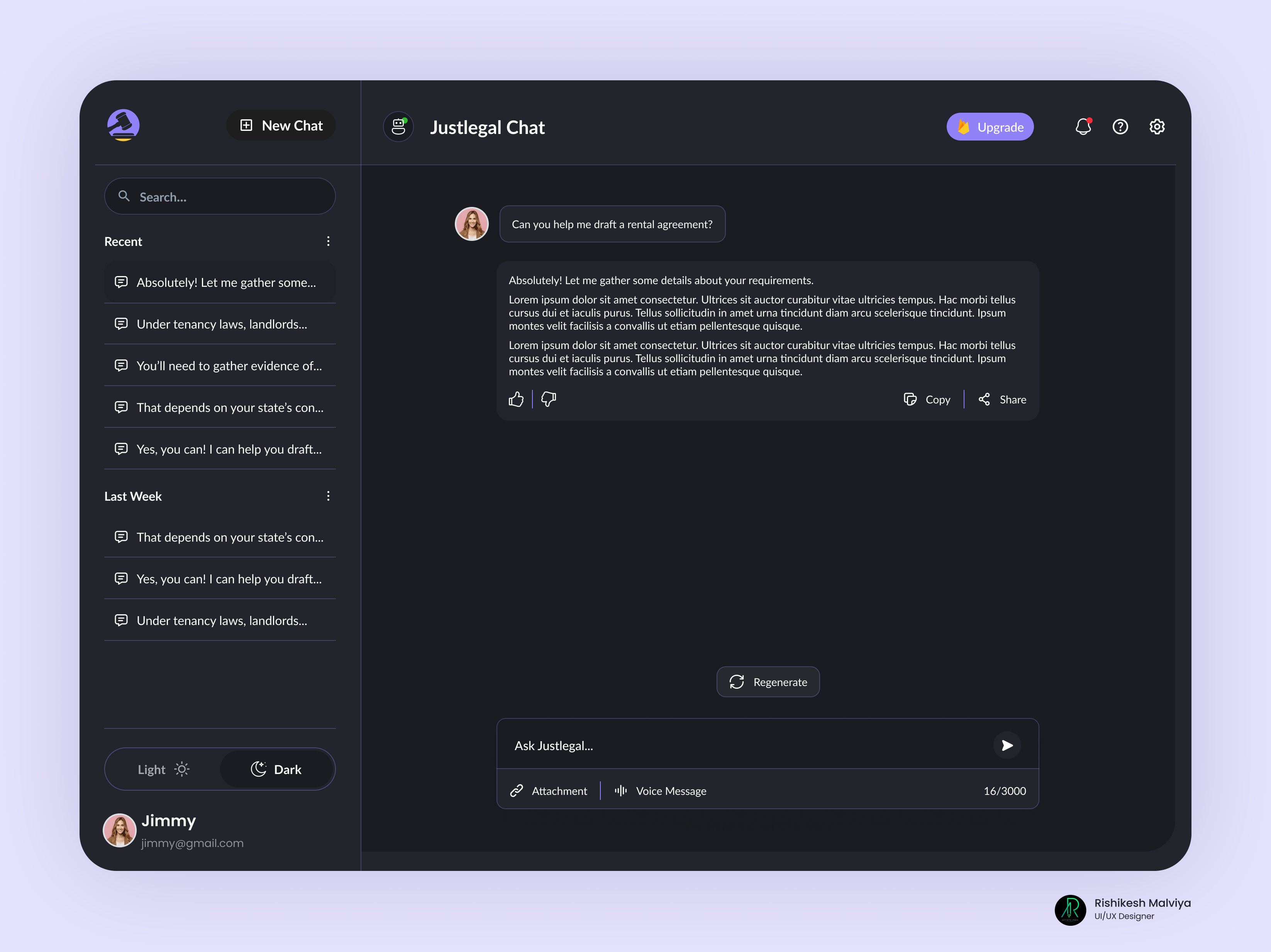 Legal Chat UI – Light & Dark Mode by Rishikesh Malviya on Dribbble