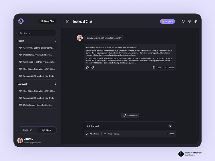 Legal Chat UI – Light & Dark Mode by Rishikesh Malviya on Dribbble