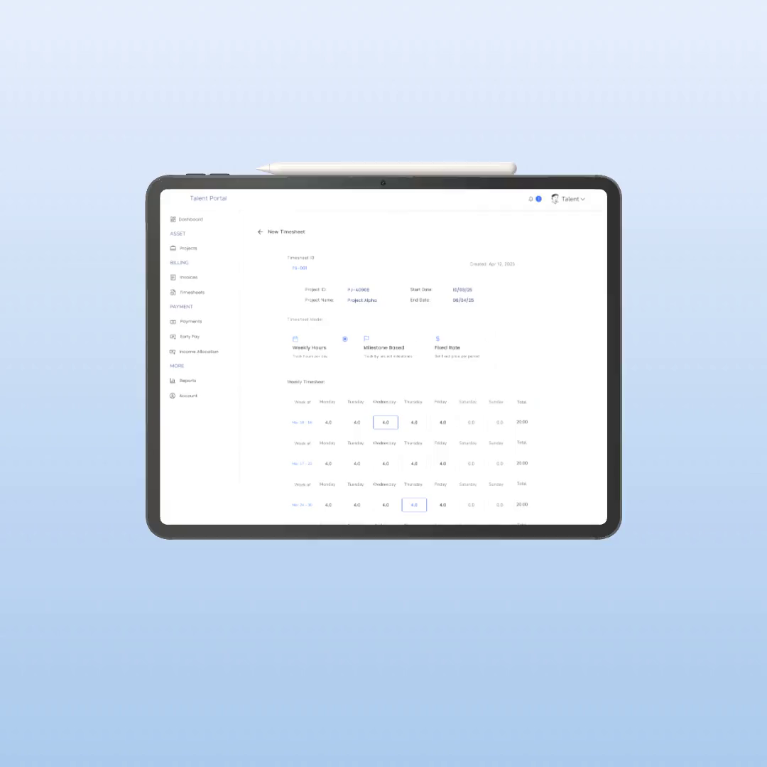 Flexible Timesheet UI: Weekly, Milestone, or Hourly by Amulya Jonnala on Dribbble