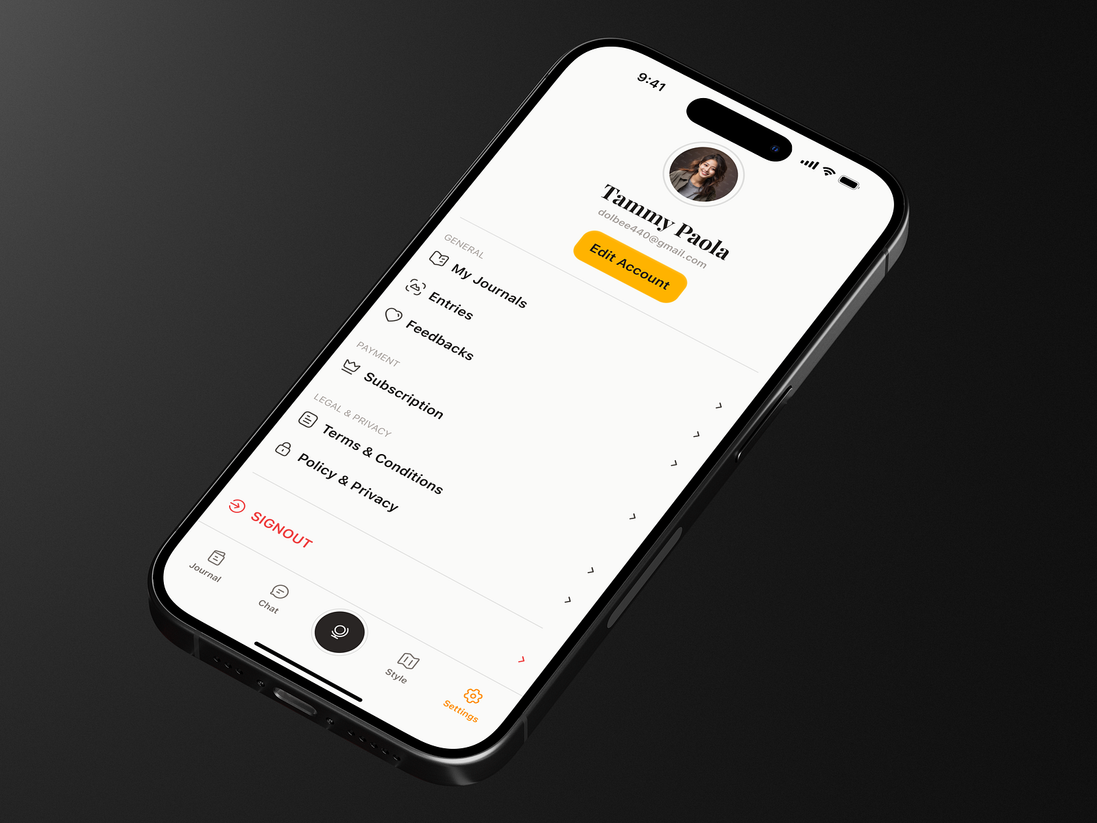 Digital journal app settings page by Pollen Chakma on Dribbble