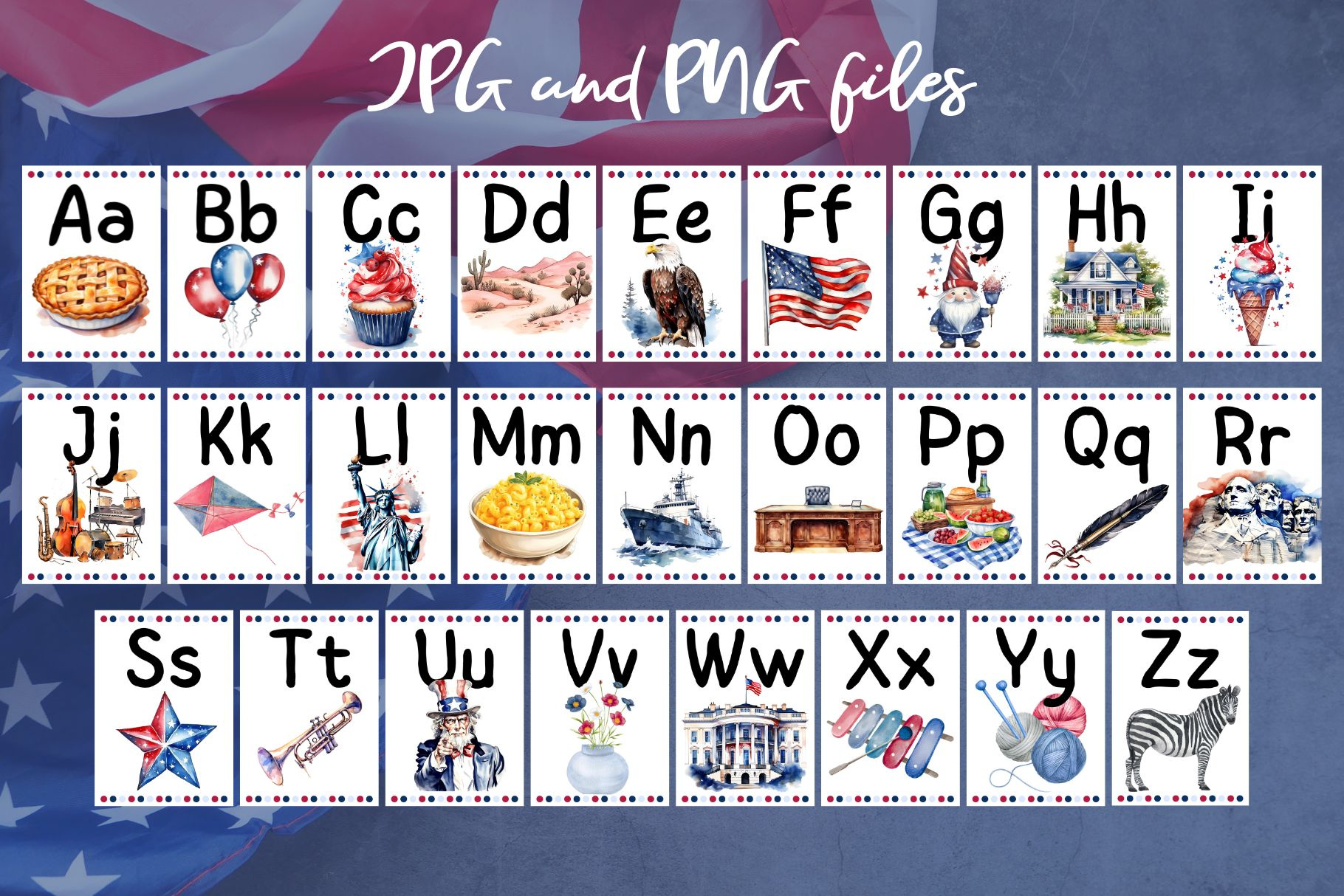 4th of July Alphabet Flashcards – Patriotic PNG by Anny Sketches on ...