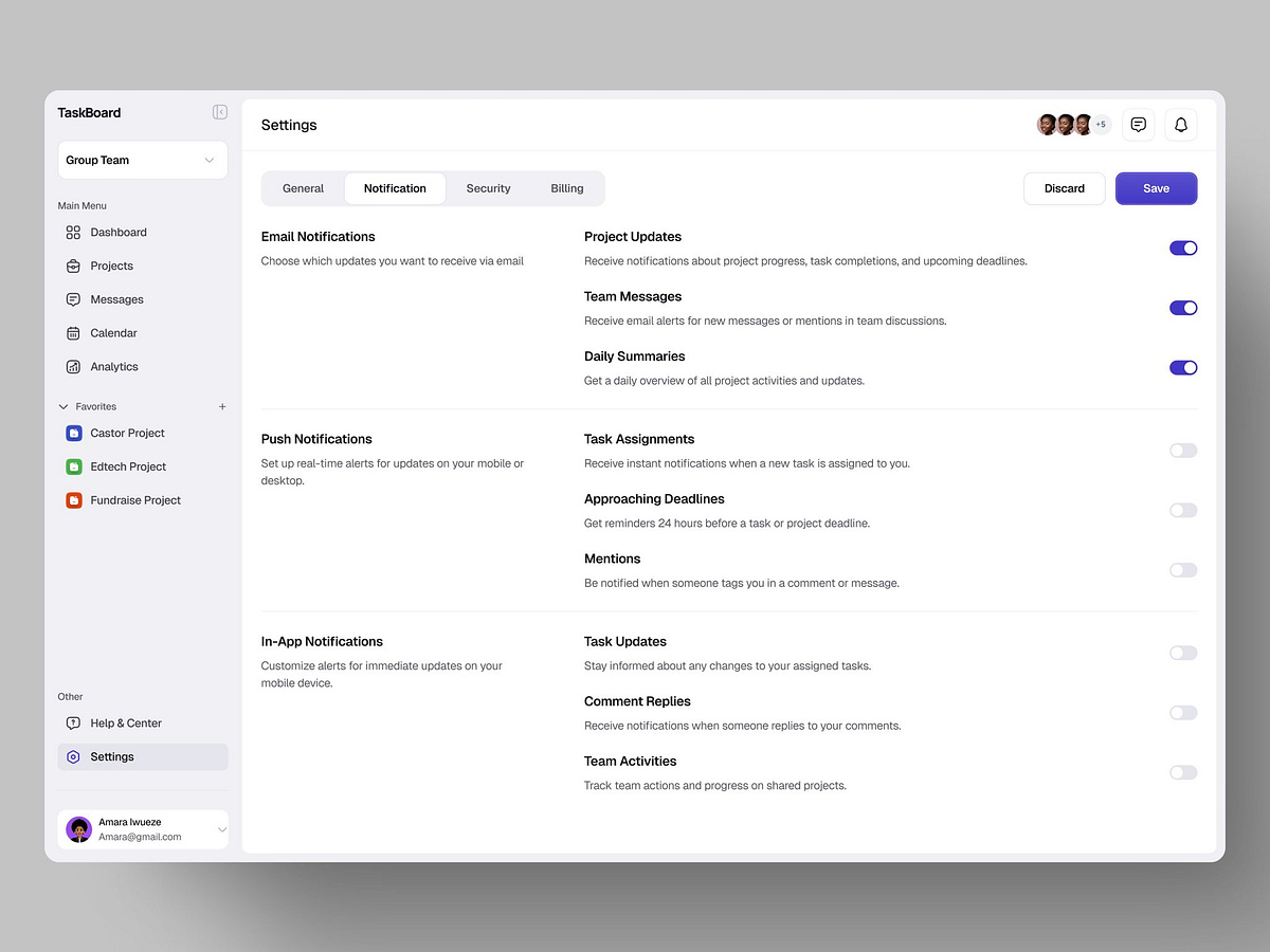 Taskboard Notification Settings UI Design by Ogechi Ejikah on Dribbble