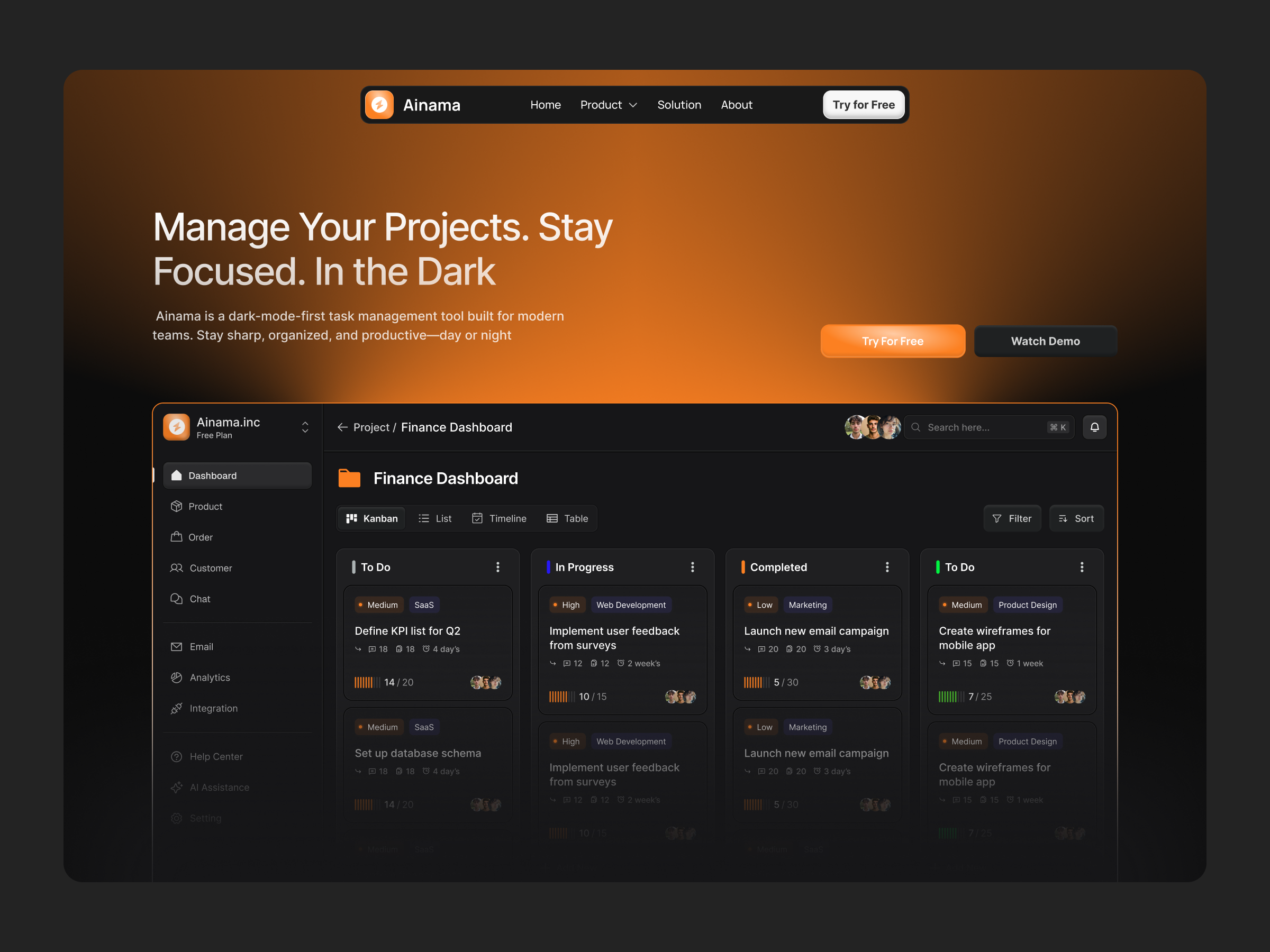 Ainama – Dark Mode Project Management Dashboard by dhan ptra on Dribbble