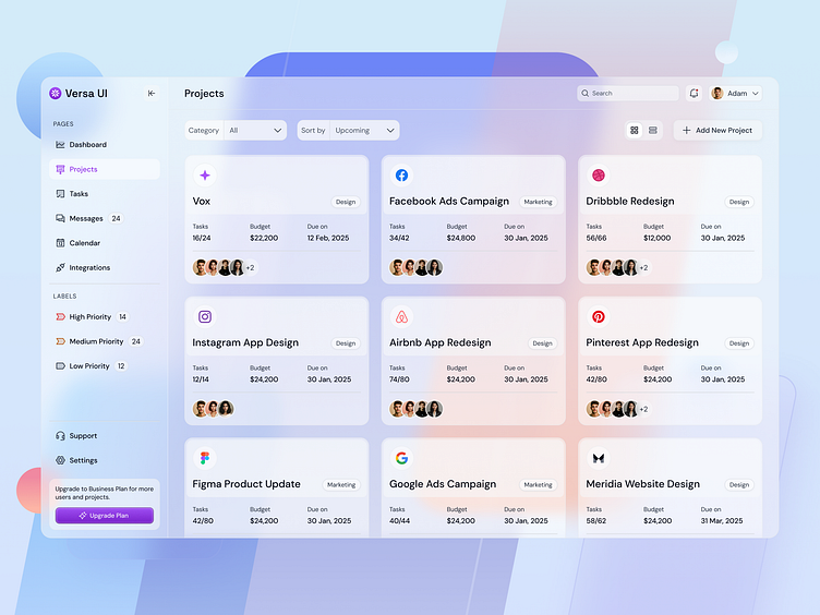 Projects Page - Versa UI Glassmorphism Theme by Kushal Jain on Dribbble