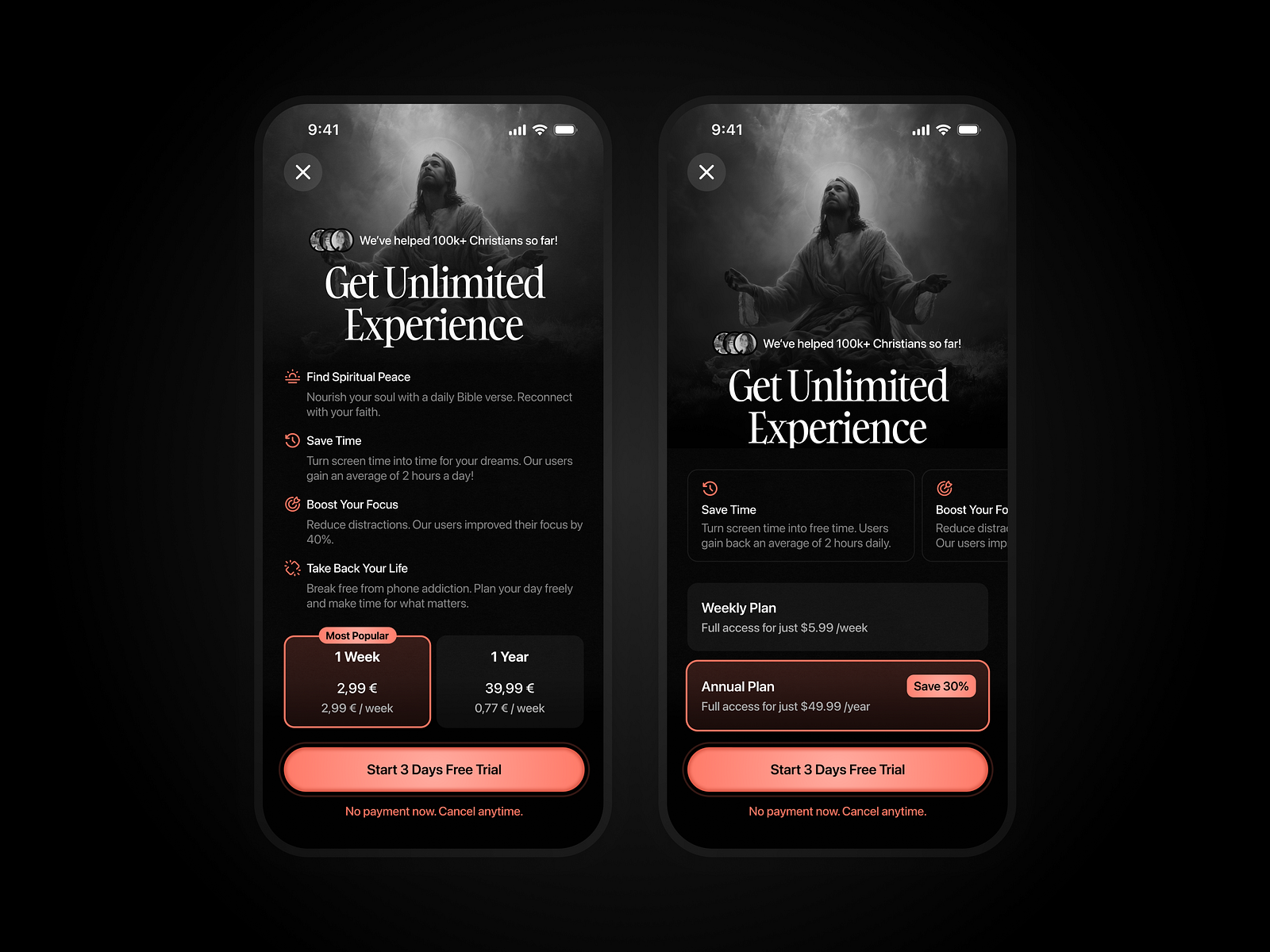 Bible Focus App - Paywall Variations A/B Test Screen UI Design by App ...