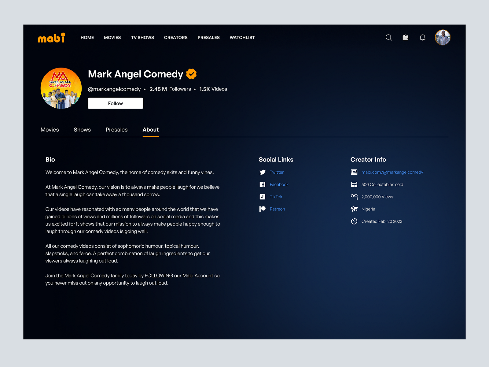 Creator's Page (About) | Mabimovies by Ayomide Ogunlade | AI, OTT, E-Commerce, & Edtech on Dribbble