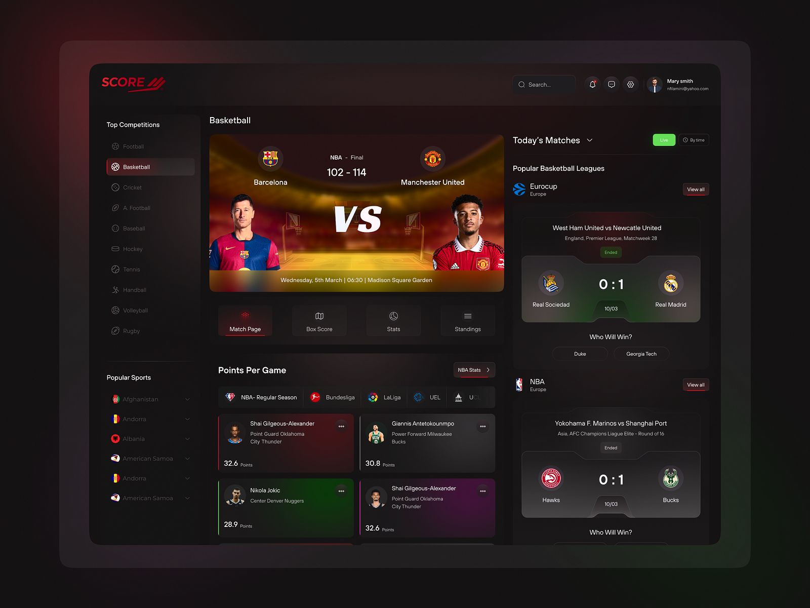Sports Dashboard UI Design by SK Billal Hossain on Dribbble