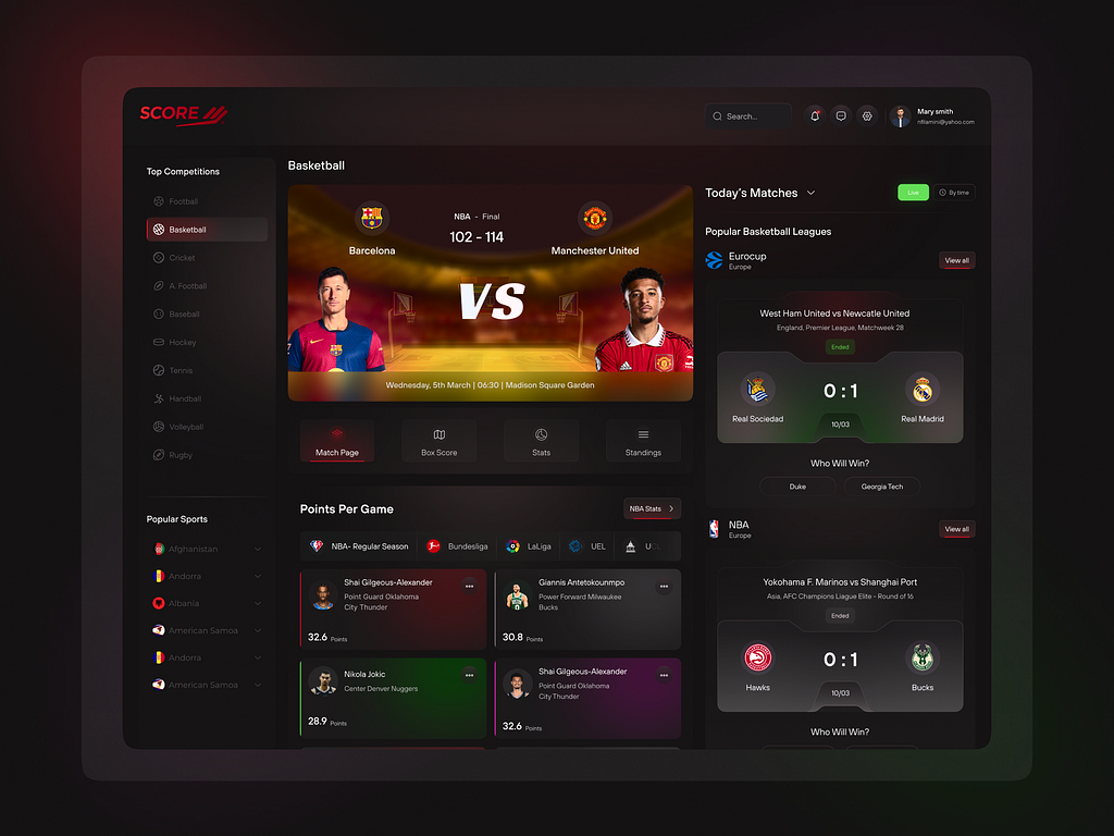 Sports Dashboard UI Design by SK Billal Hossain on Dribbble