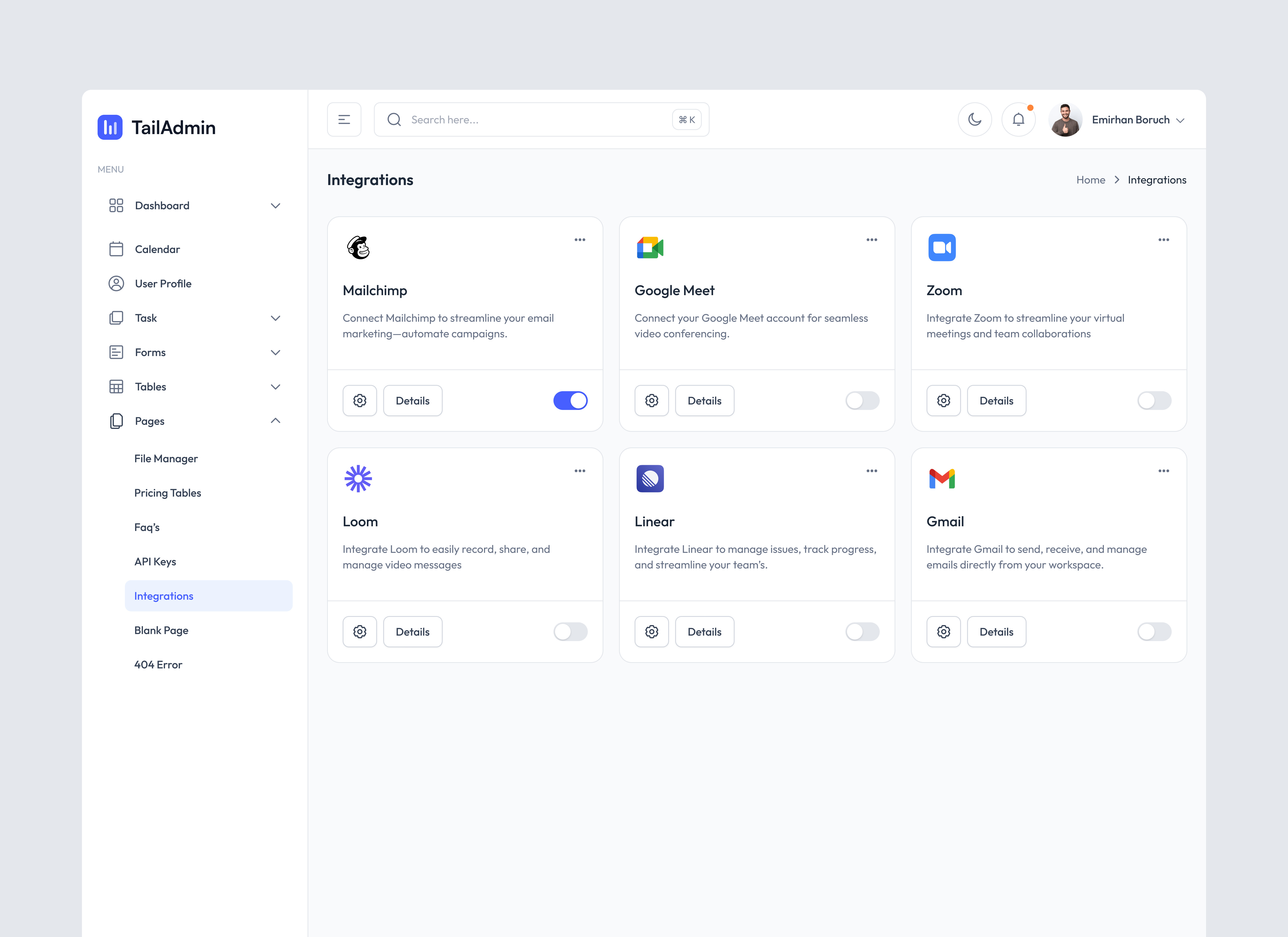 Integrations & workflows settings — TailAdmin by Naimur Rahman on Dribbble