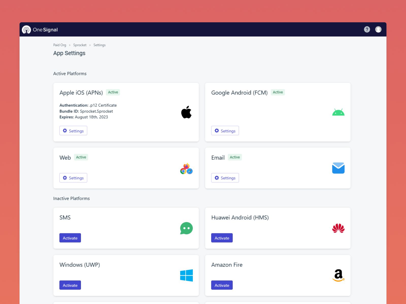 OneSignal App Platform Settings Redesign by 7 on Dribbble