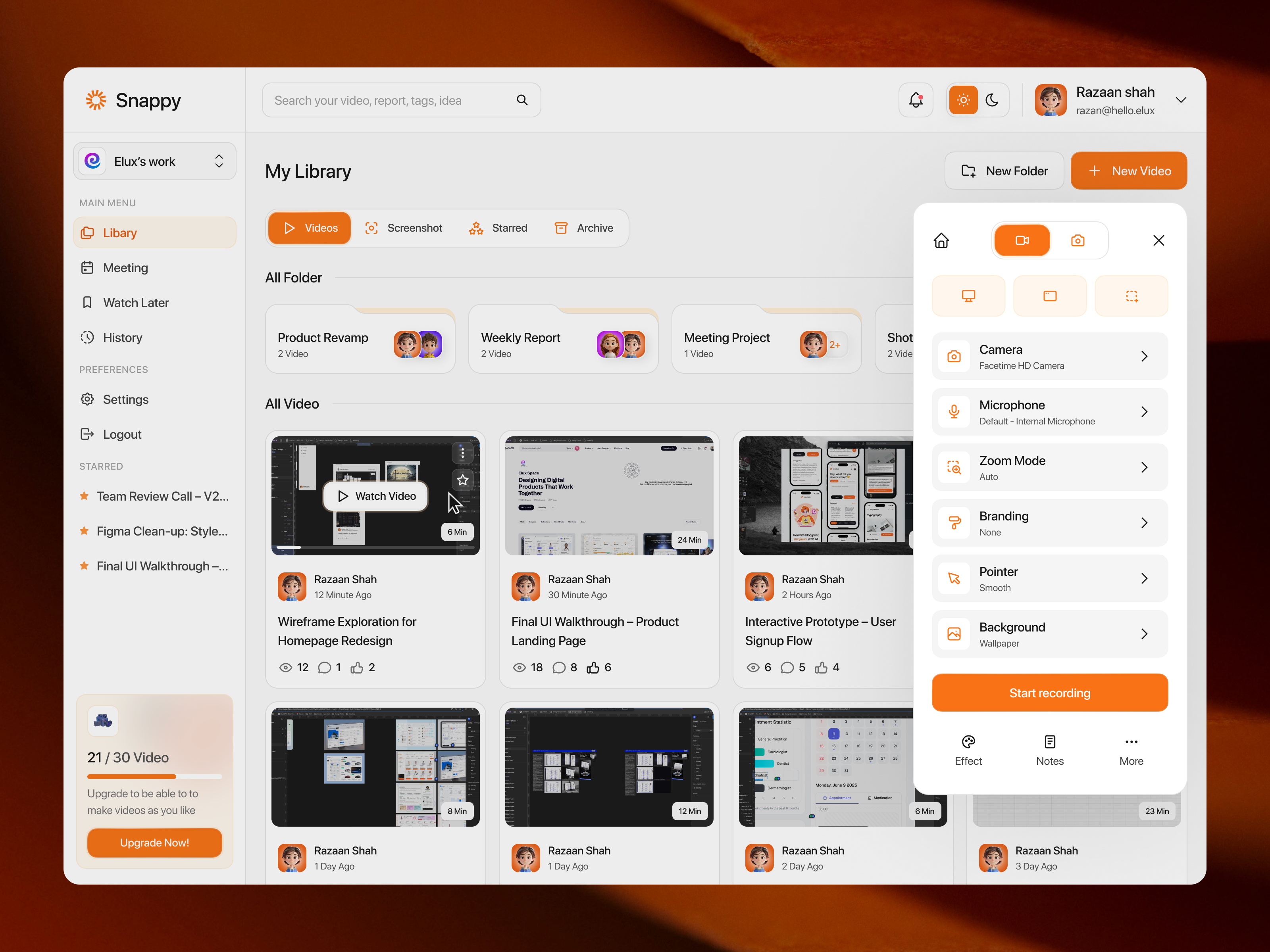 Snappy - Screen Recorder Platform by Elux Space on Dribbble