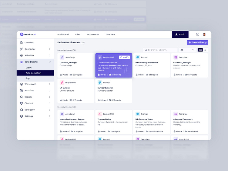 AI-Powered Derivation Libraries Dashboard — Modular Card UI by Pranav ...