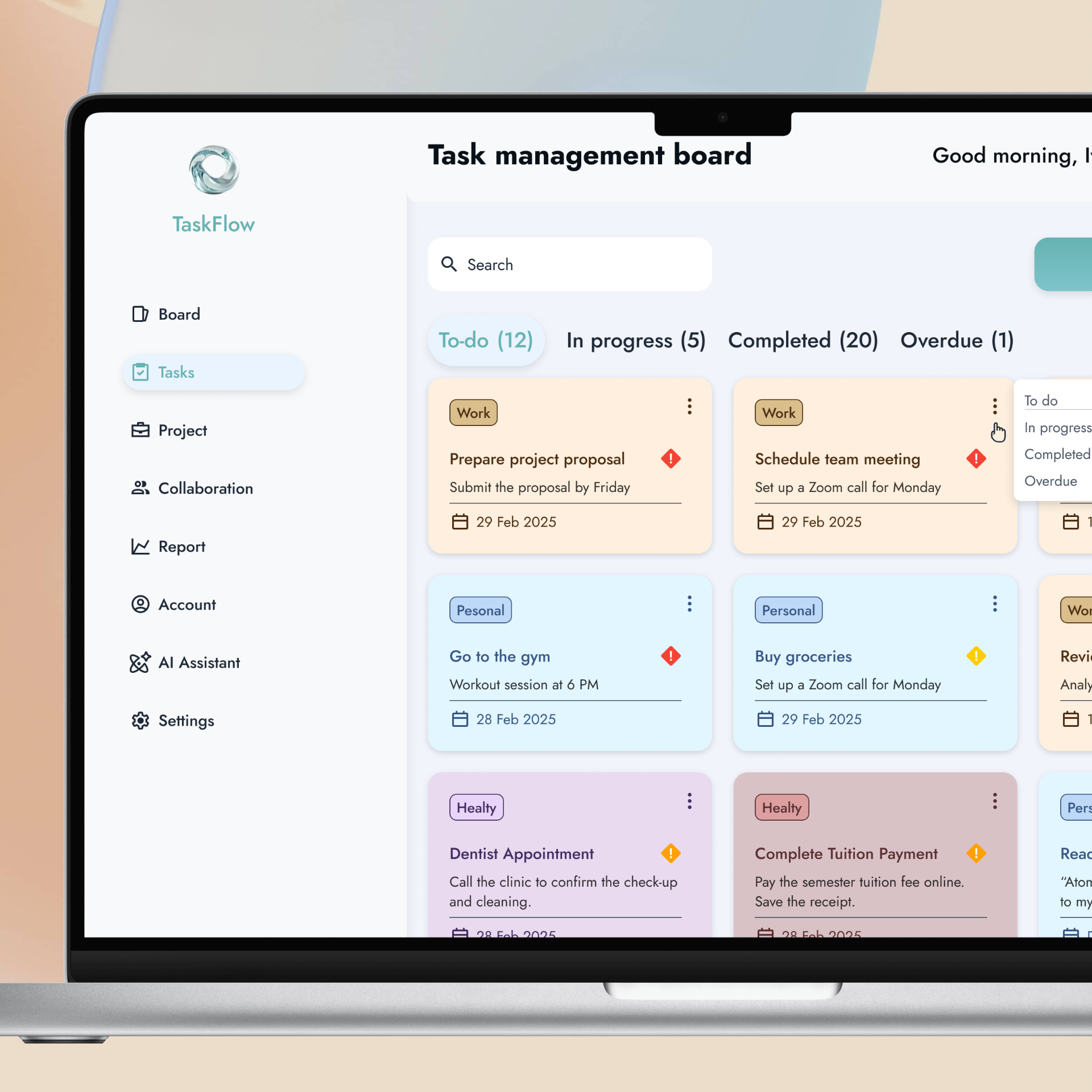 TaskFlow – AI Assistant Dashboard by Viktoriia Shpak on Dribbble