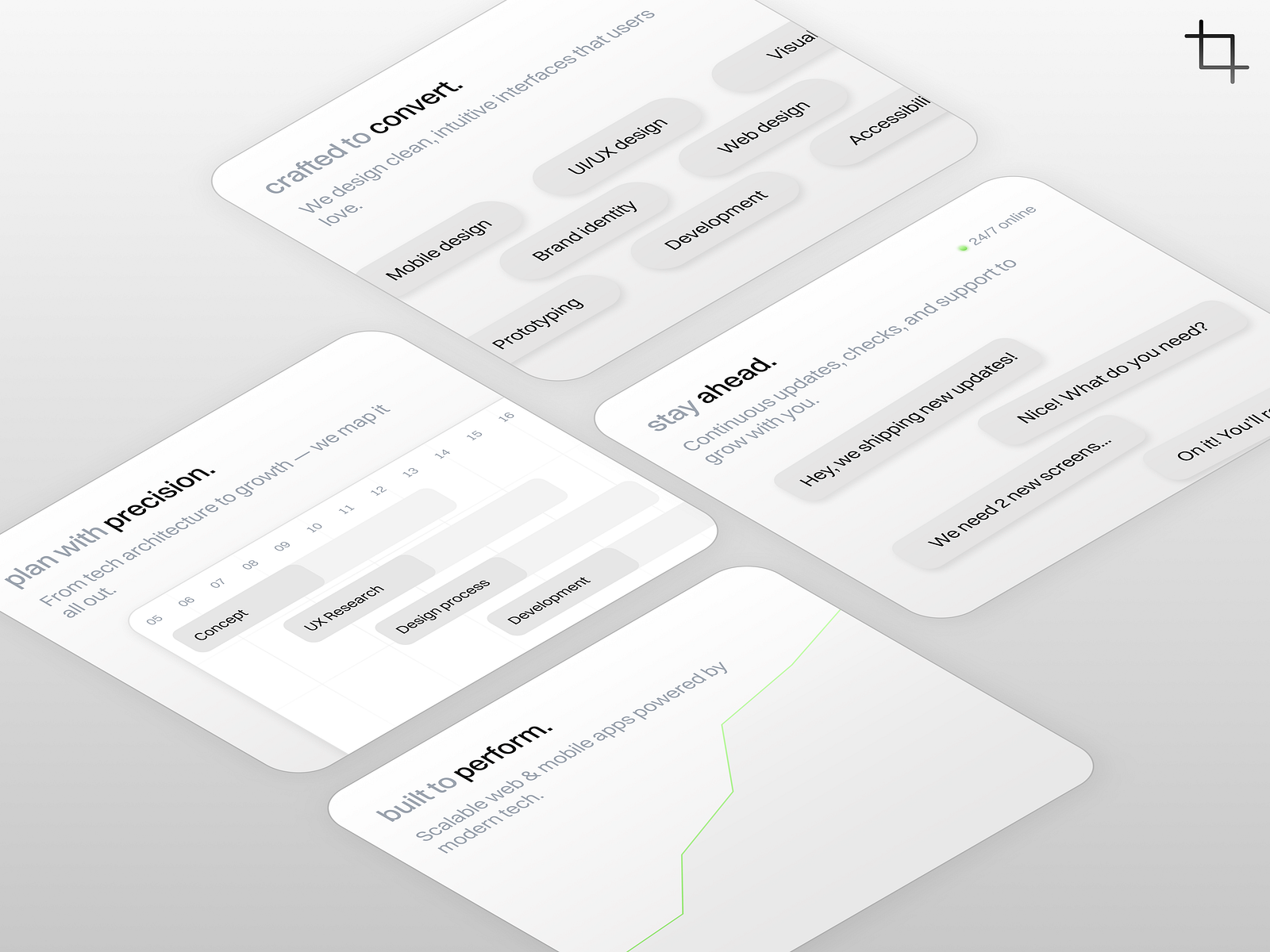 four bento cards - dev agency landing page by Igor Woorts on Dribbble