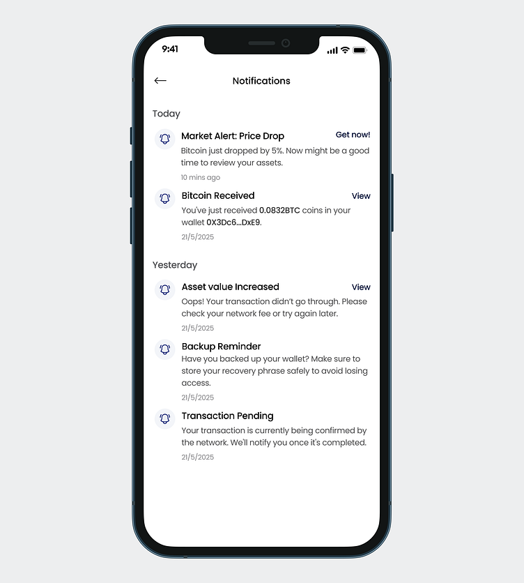 Crypto Notification UI | Mobile Alert & Transaction Screen by Praise Nnamudi on Dribbble
