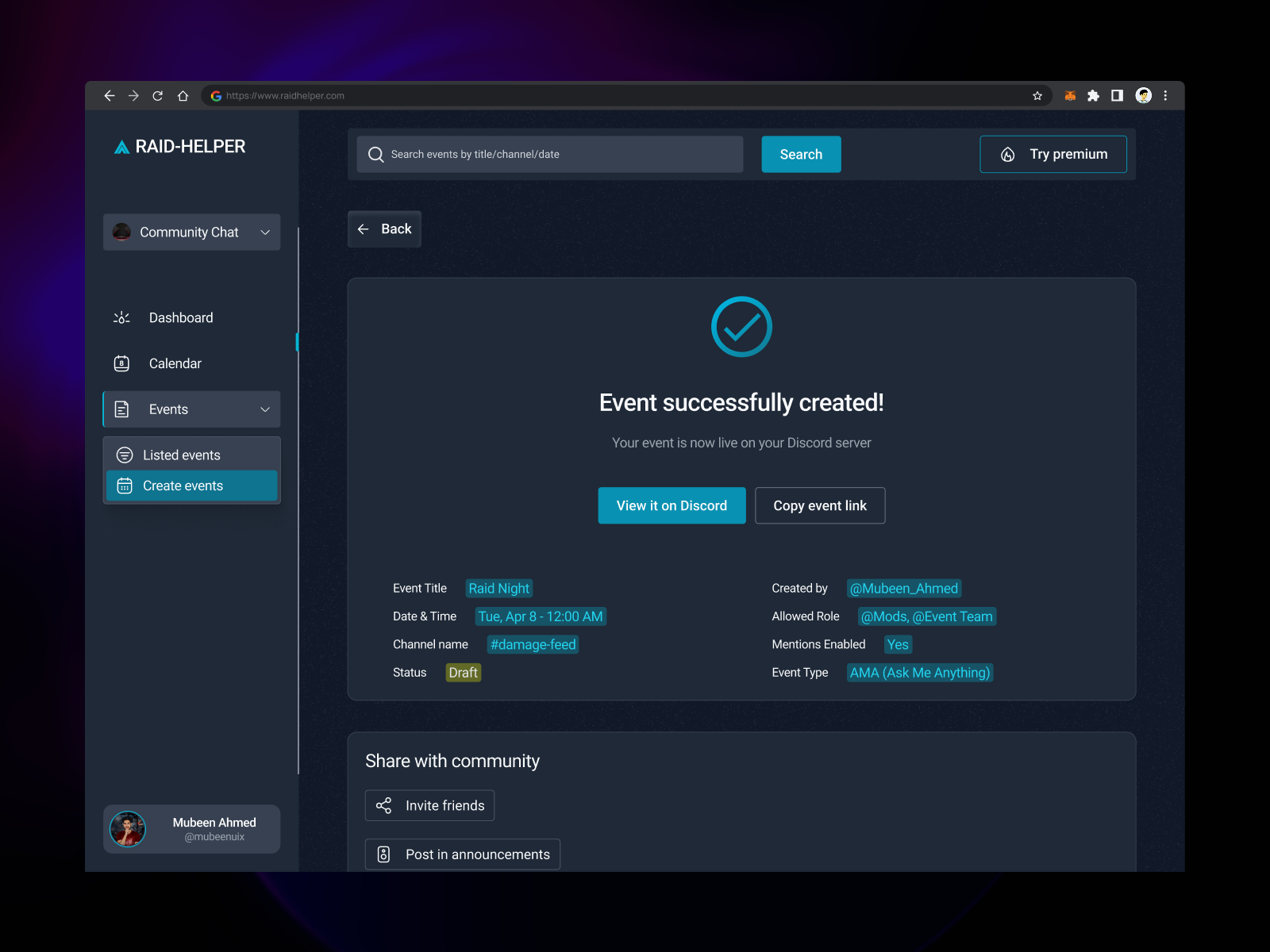 Raid Helper Event Management Dashboard Design by Mubeen Ahmed Sher on ...