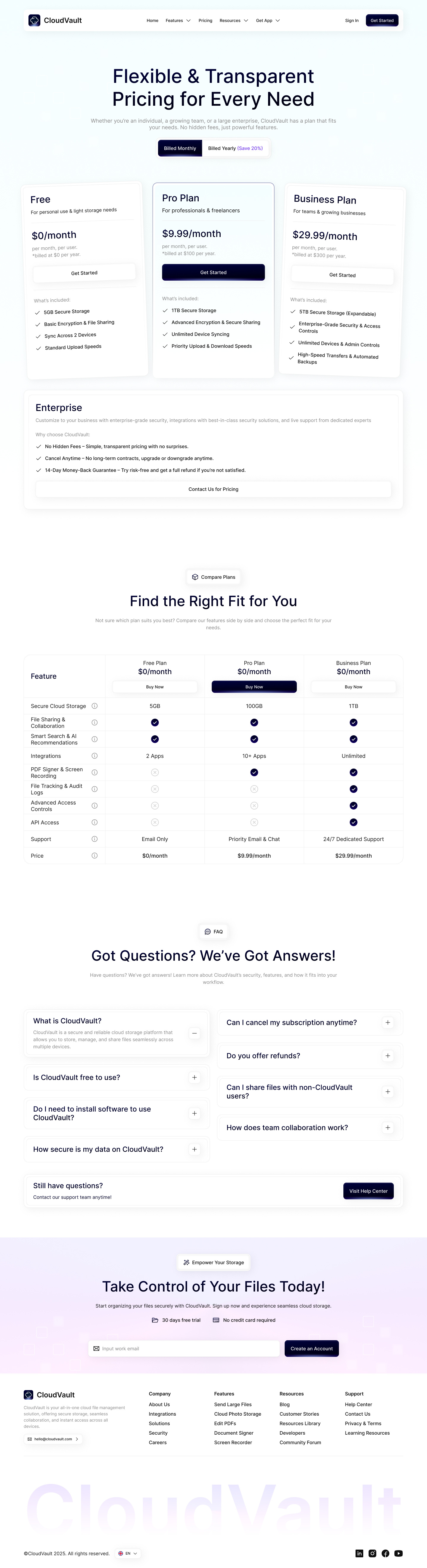 CloudVault - Cloud File Storage Website (Pricing Page) by Robbi Darwis ...