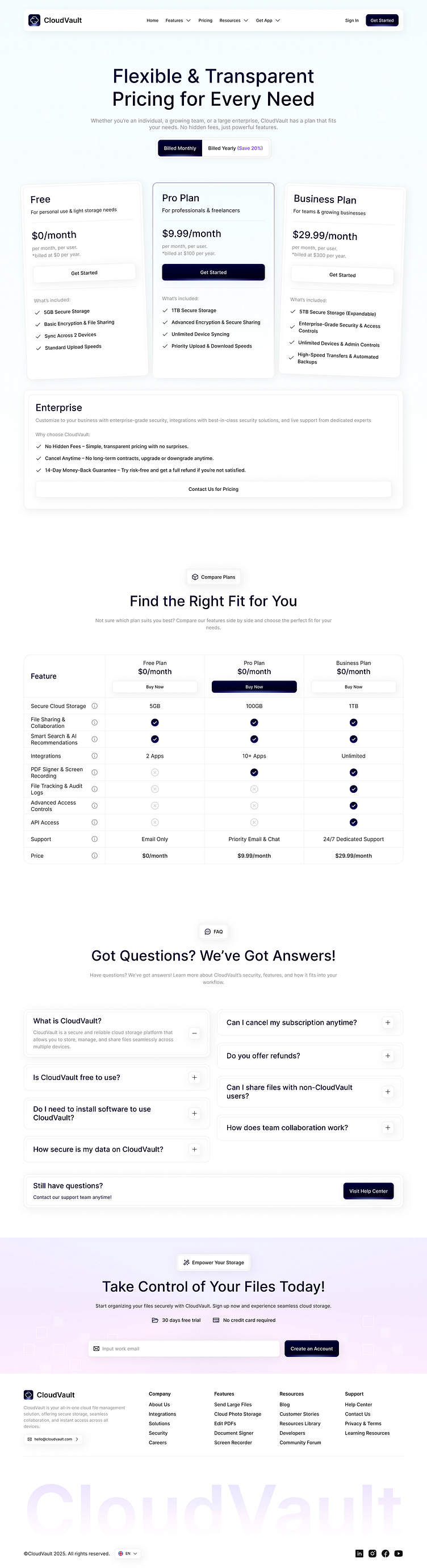 CloudVault - Cloud File Storage Website (Pricing Page) by Robbi Darwis for Flow Forge on Dribbble