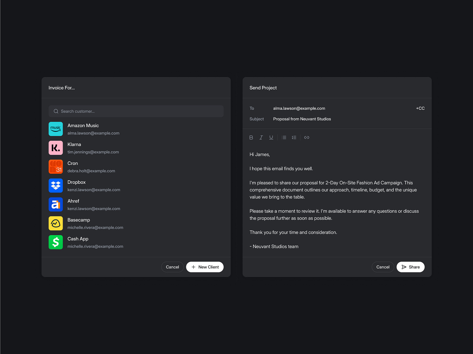 Dark Theme - Proposal Email UI by Jeremy Blaze for Never Before Seen on ...