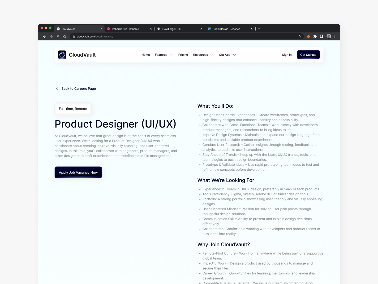 CloudVault - Cloud File Storage Website (Job Vacancy Page) by Robbi Darwis for Flow Forge on ...
