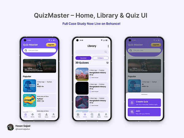 QuizMaster – Home, Library & Create Quiz UI | Mobile App by Hasan Sajjad ‌ on Dribbble