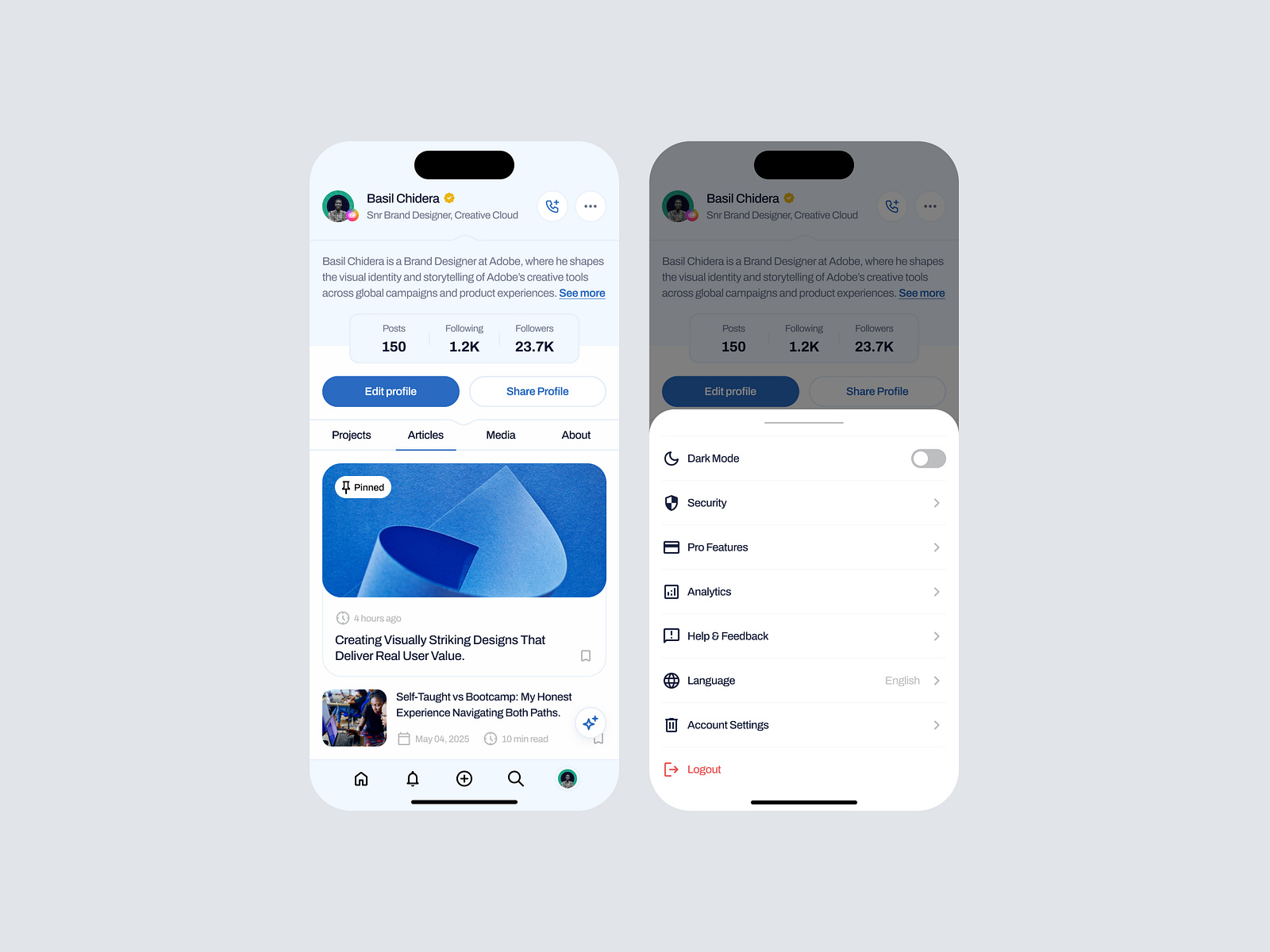 A profile screen for a portfolio app. by Chidera Prince Basil on Dribbble