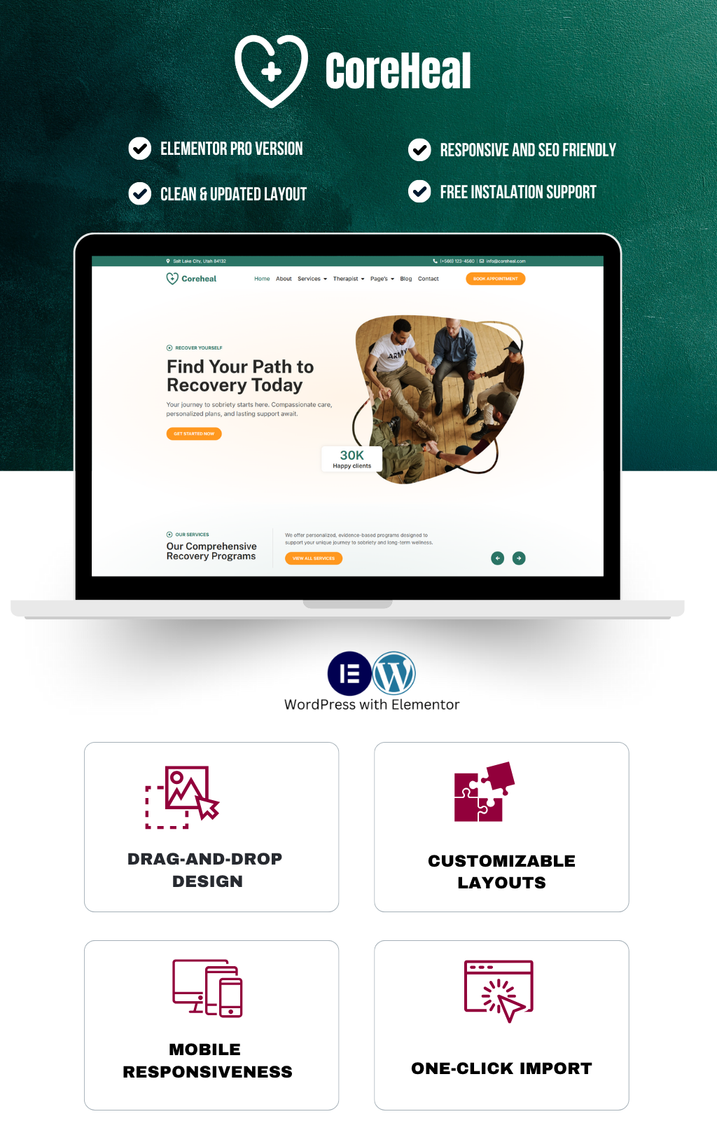 CoreHeal — Addiction Recovery & Rehabilitation Center Elementor by Template Orbit on Dribbble