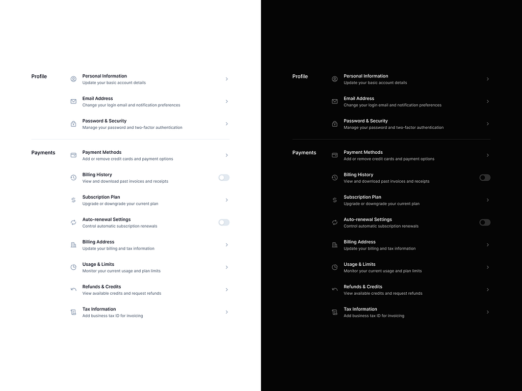 Billing & Payment Settings – Light & Dark Modes by Nabeel on Dribbble