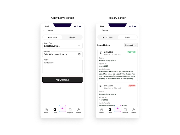 Leave Management - Apply & History Screens by Suyash Gupta on Dribbble