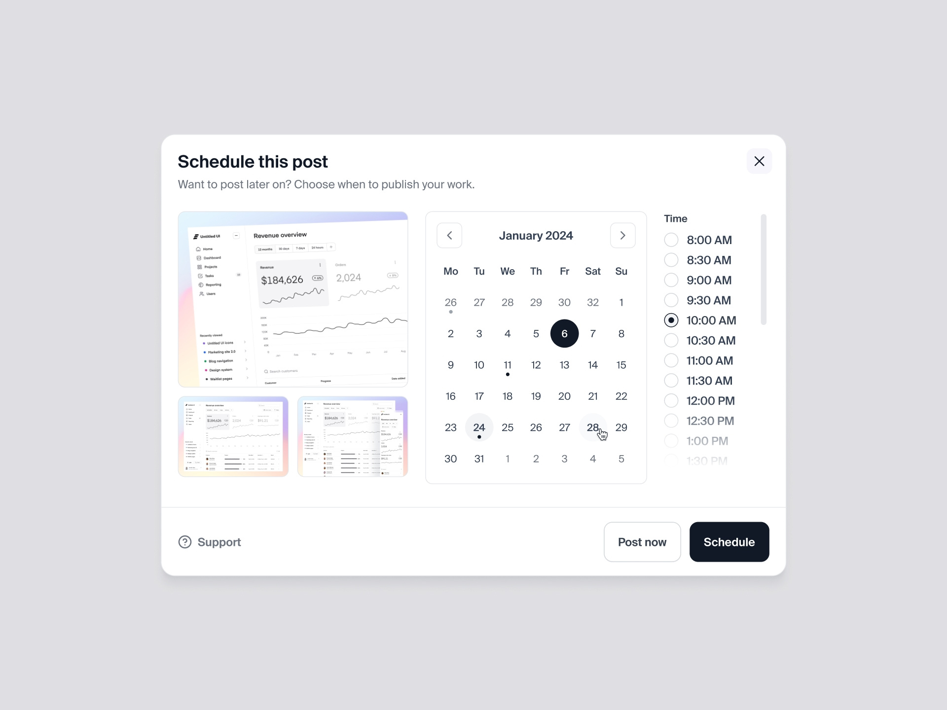Schedule post modal — Untitled UI by Jordan Hughes® on Dribbble