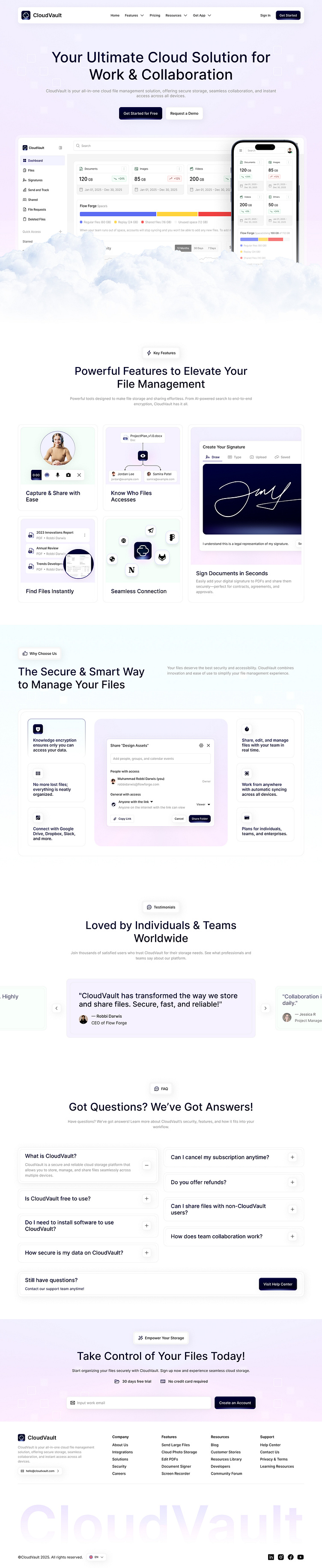 CloudVault - Cloud File Storage (Landing Page) by Robbi Darwis for Flow Forge on Dribbble