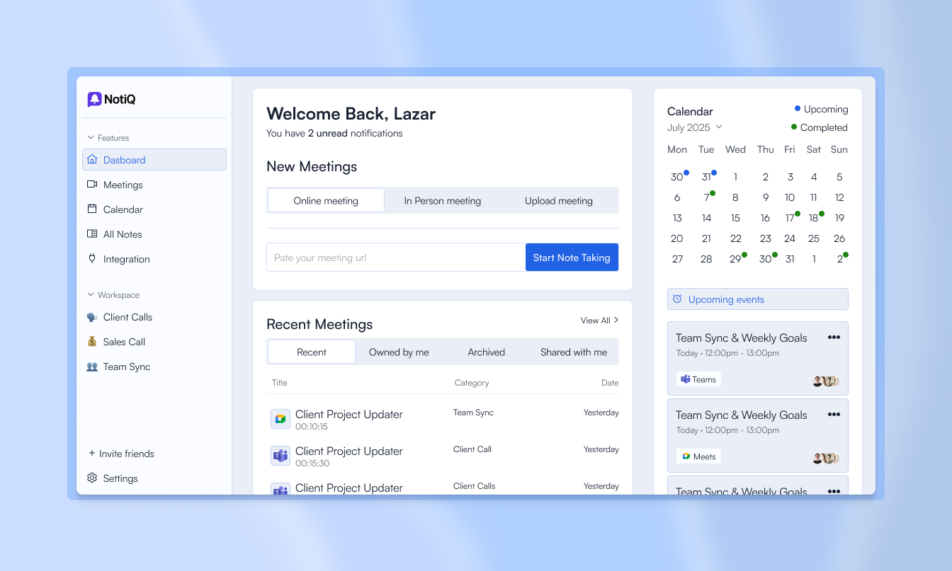 AI Note Taker Dashboard by Lazar Djordjevic on Dribbble