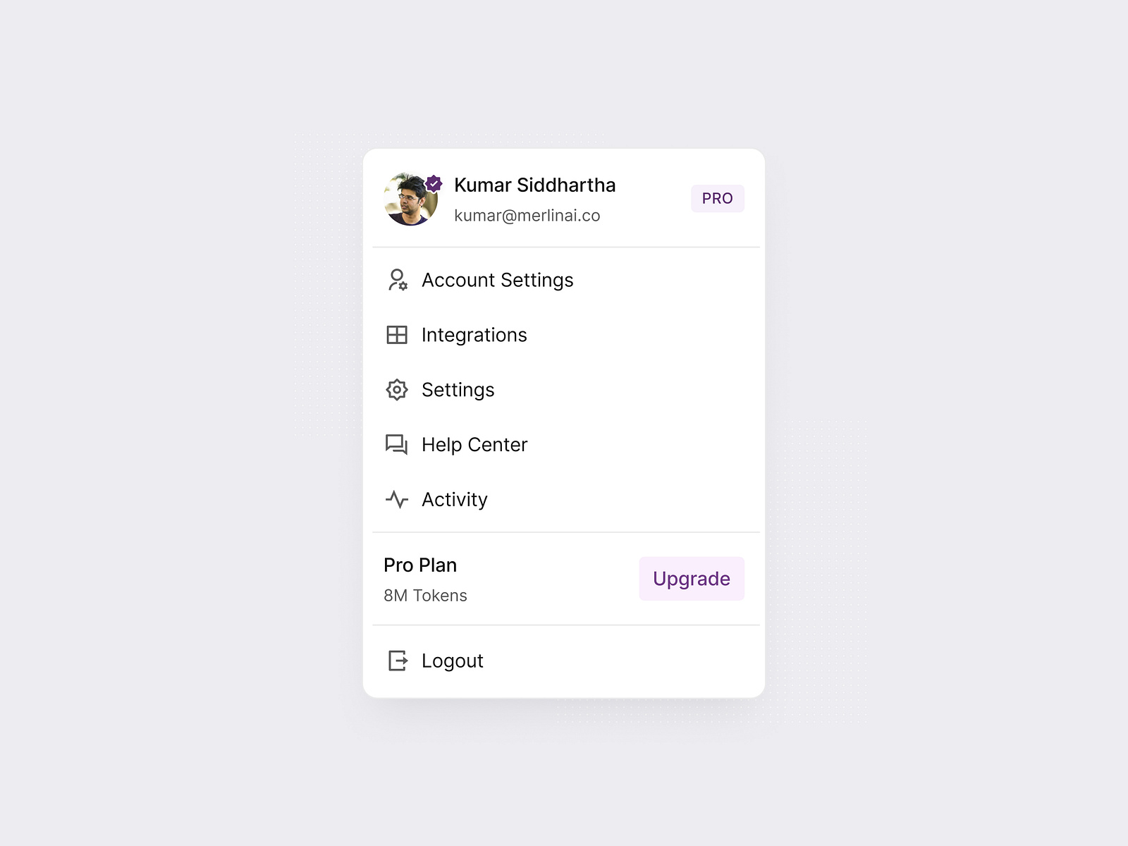 User Profile Dropdown from Merlin AI Design System by Nitesh Arora on ...
